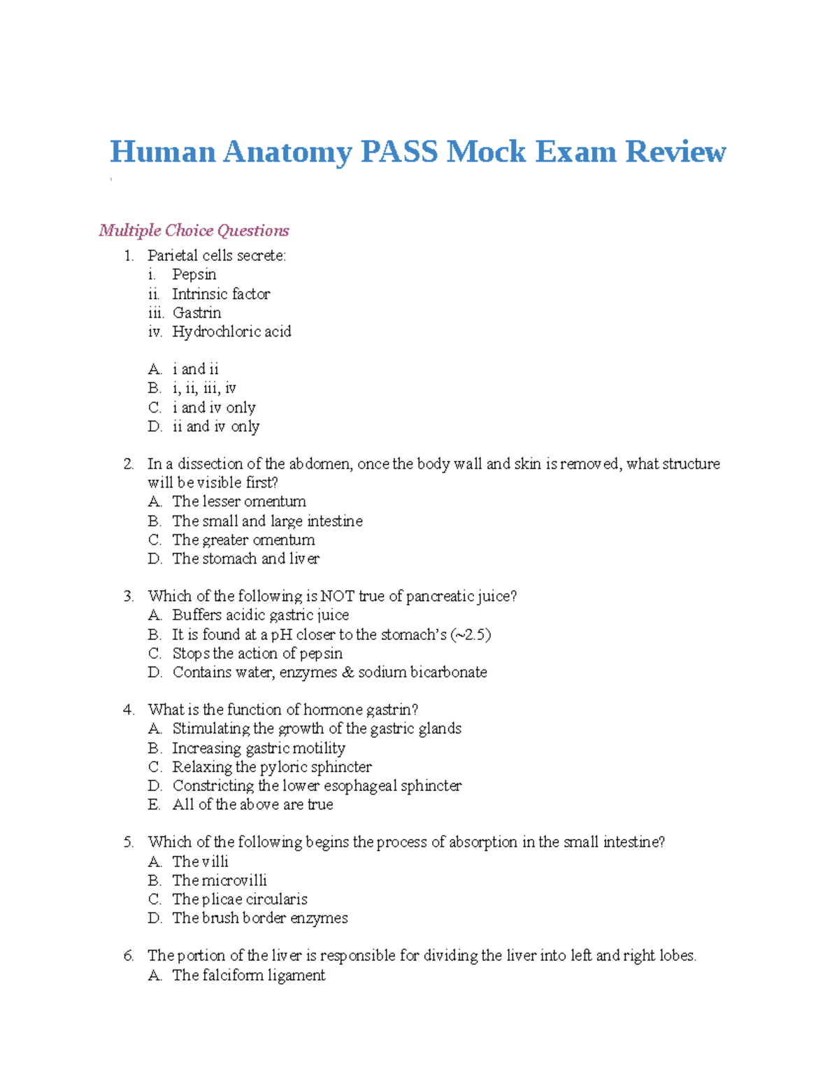 Human Anatomy Mock Exam Review Student Copy - Human Anatomy PASS Mock ...