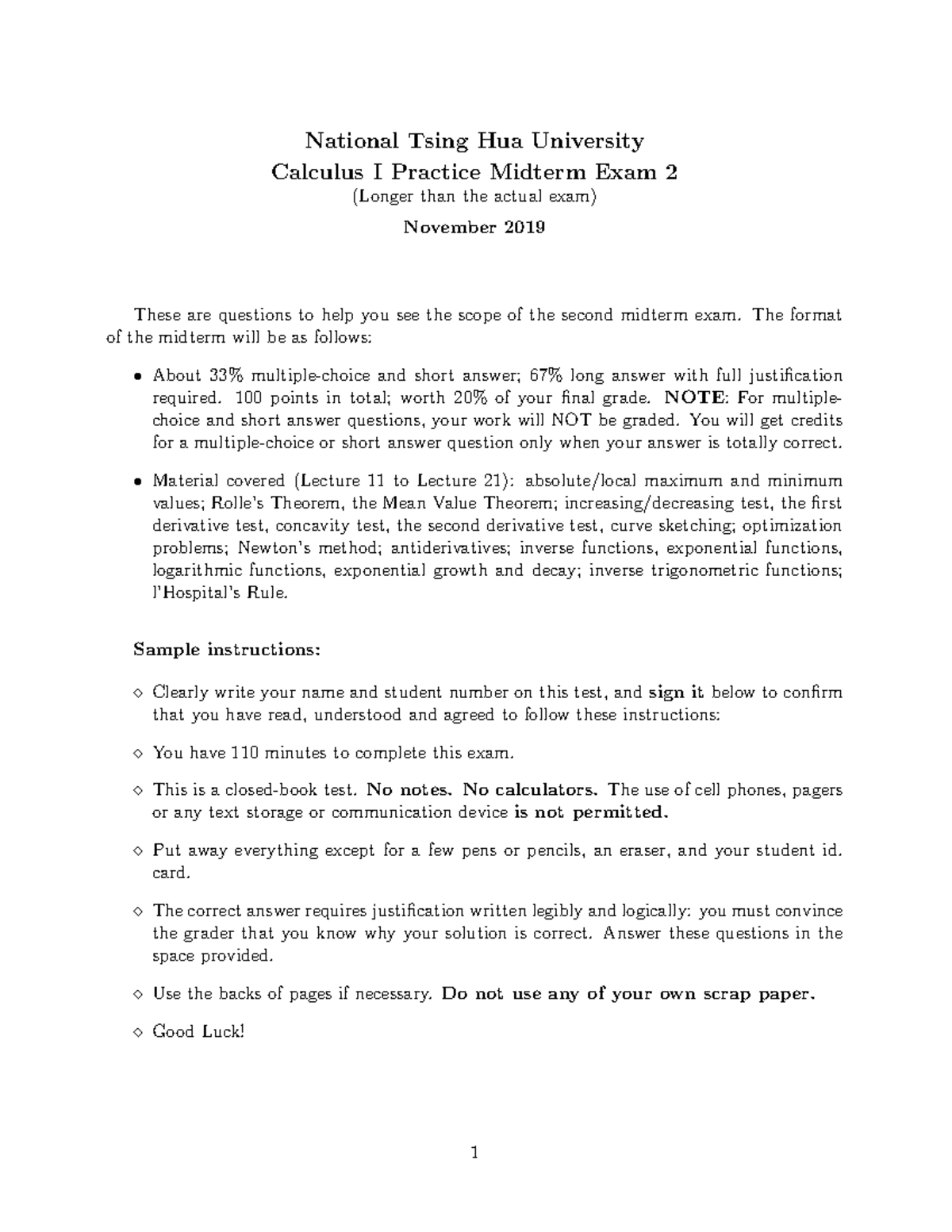 Calculus 1Practice Midterm 2 - National Tsing Hua University Calculus I Practice Midterm Exam 2 ...