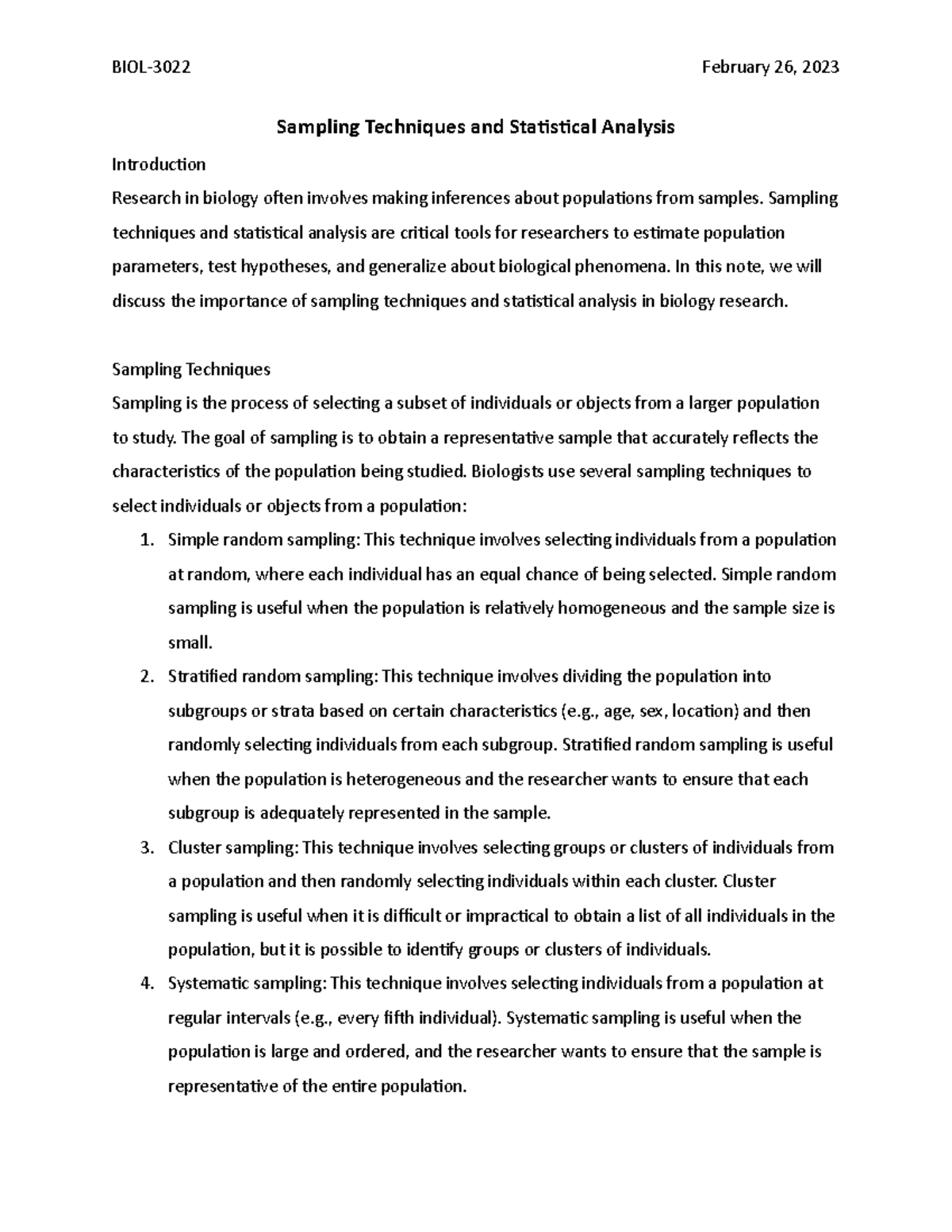 Sampling Techniques and Statistical Analysis - BIOL-3022 February 26 ...