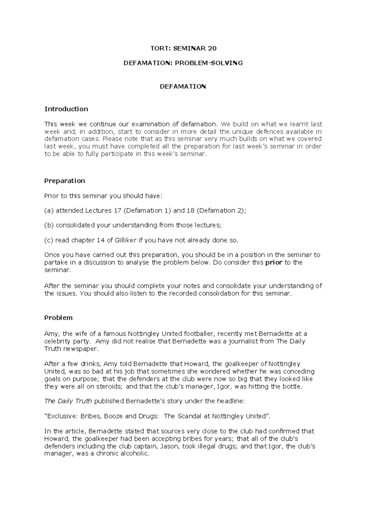 Tort Seminar 20 - Semianr tort - TORT: SEMINAR 20 DEFAMATION: PROBLEM ...