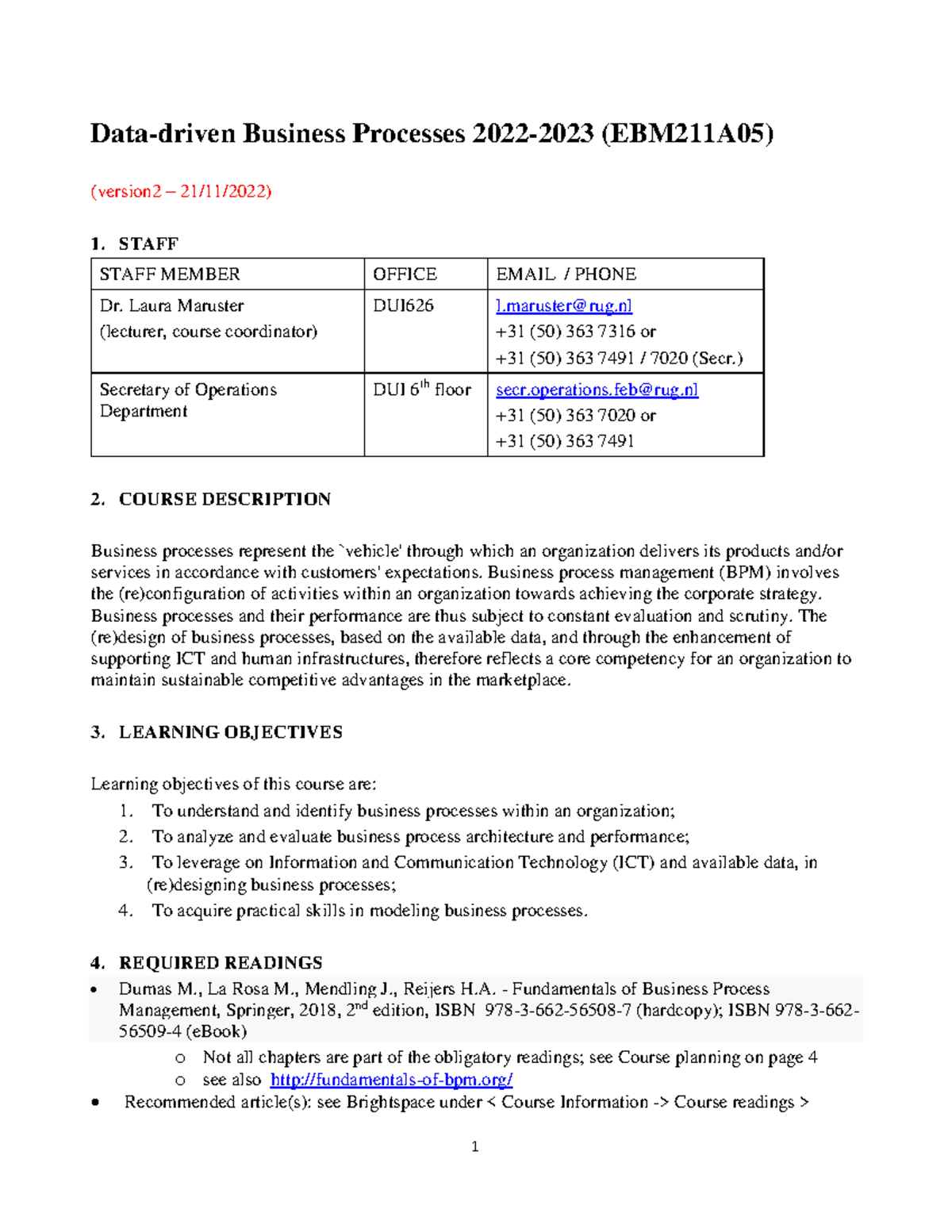DDBP syllabus (Version 2) - Data-driven Business Processes 2022-2023 ...