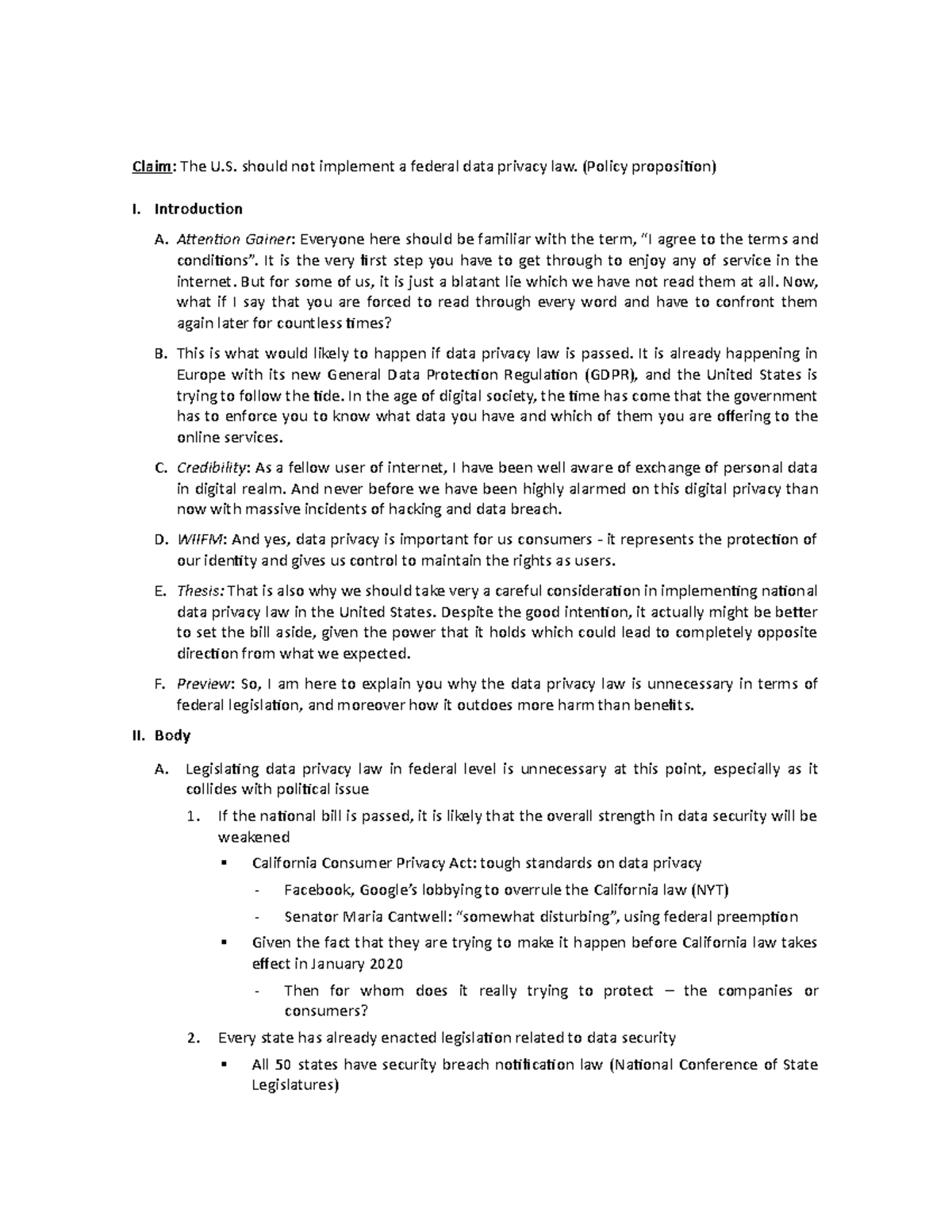 Procon Speech Final Outline - Claim: The U. should not implement a ...