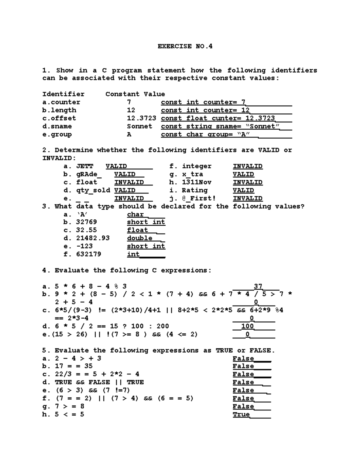 Pdfcoffee - notes. - EXERCISE NO. Show in a C program statement how the ...