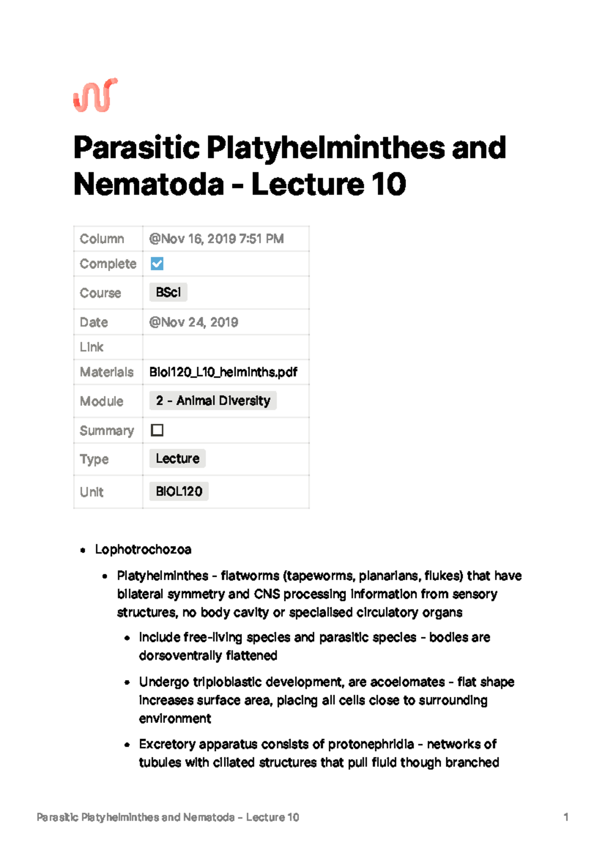Parasitic Platyhelminthes and Nematoda - Lecture 10 - Parasitic ...
