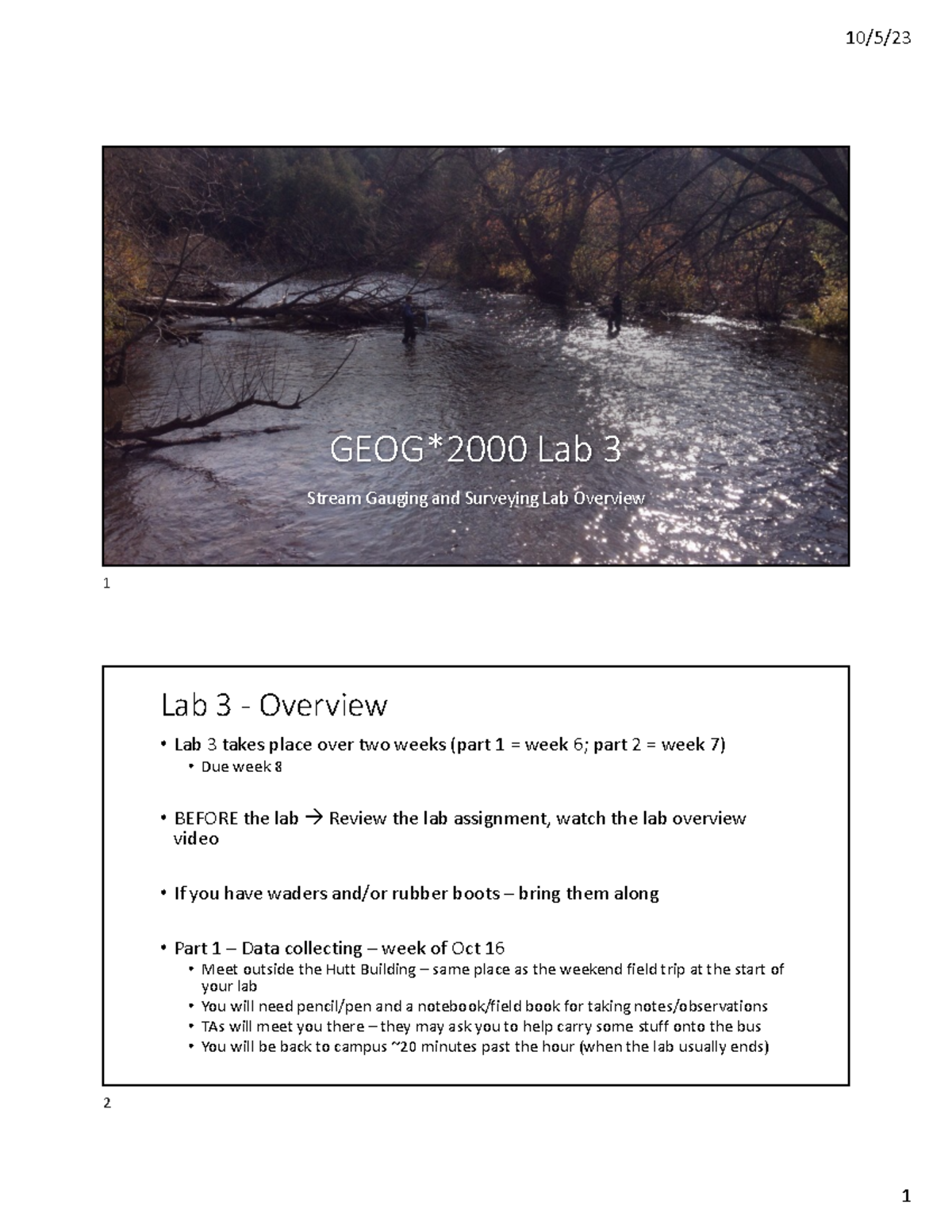 Lab 3 overview - GEOG*2000 Lab 3 Stream Gauging and Surveying Lab Overview 1 Lab 3 - Overview ...