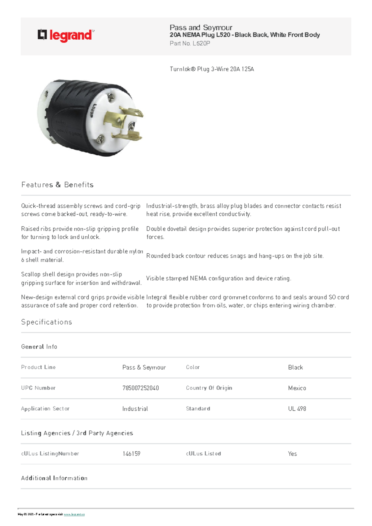 L520P-Data Sheet - surf - Pass and Seymour 20A NEMA Plug L520 - Black ...