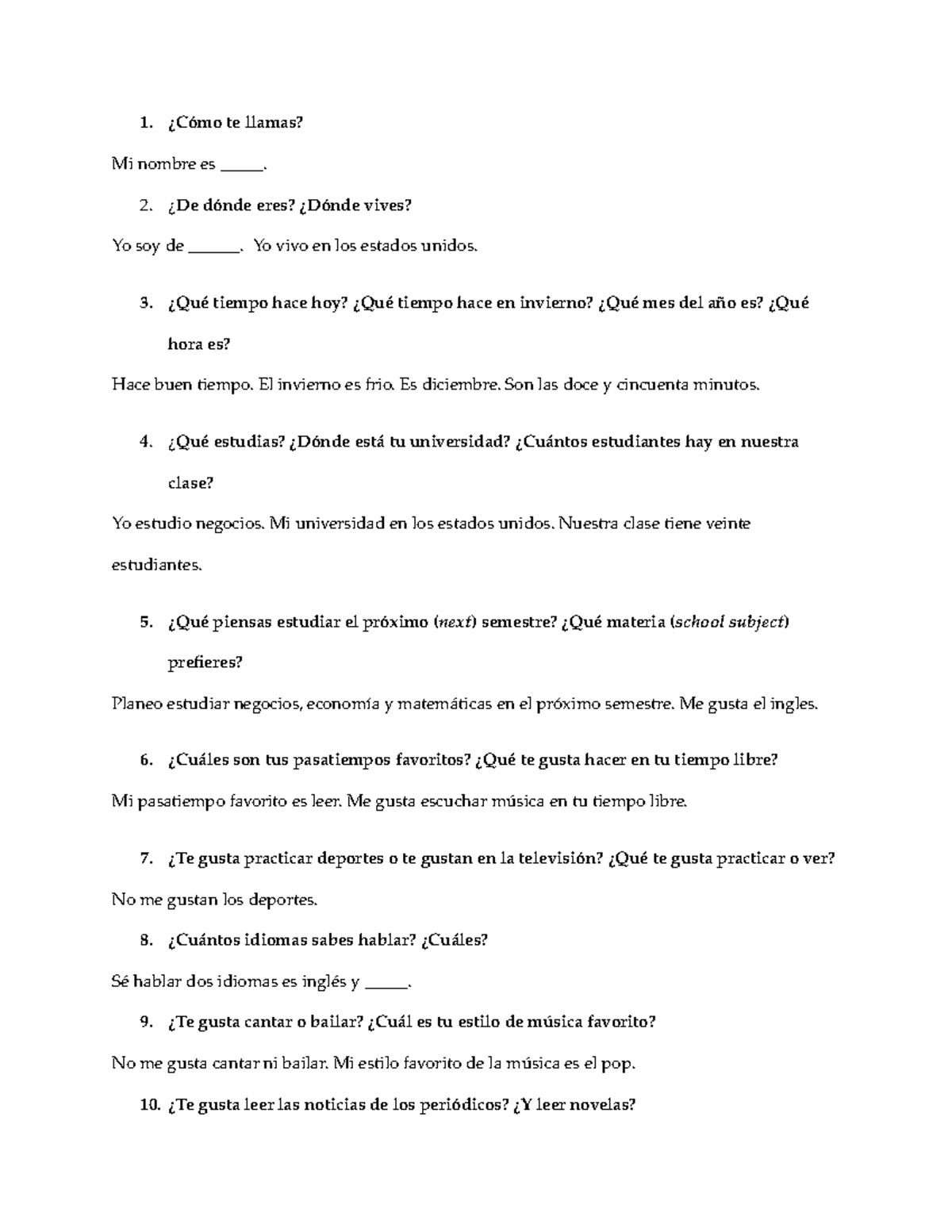 Examen Oral 2 Preguntas para la entrevista - 1. ¿Cómo te llamas? Mi ...