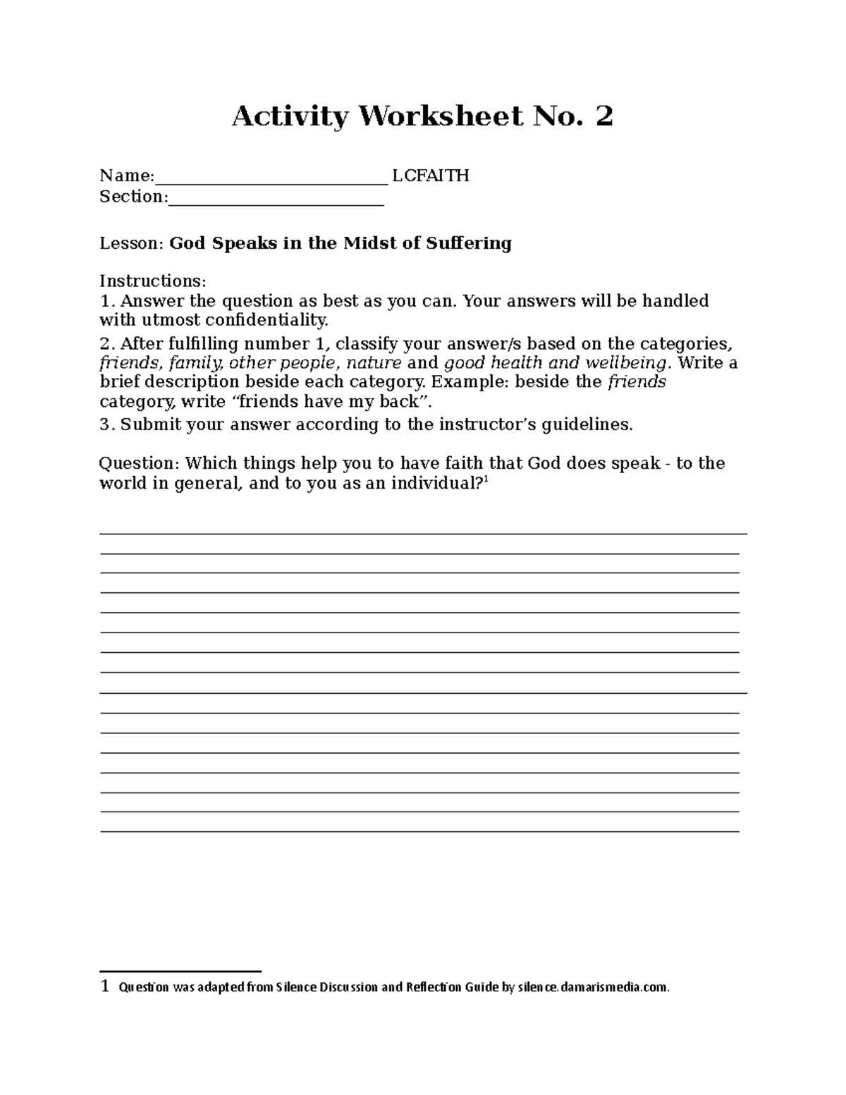 Module Activity Worksheet 2-God Speaks in the Midst of Suffering ...