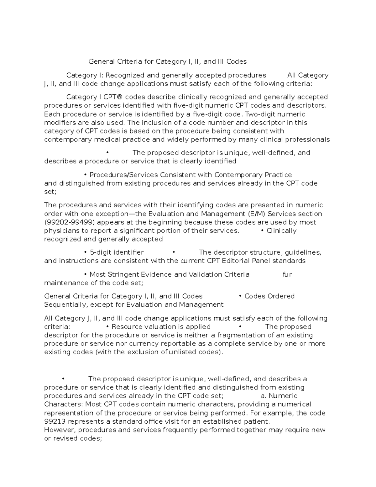 General Criteria for Category I, II, III - Each procedure or service is ...