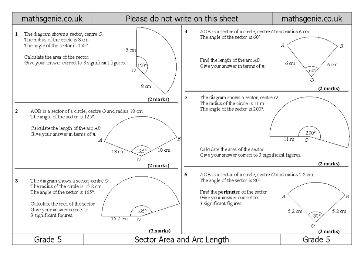 5-sector-area-and-arc-length-ws - mathsgenie.co Grade 5 Sector Area and ...