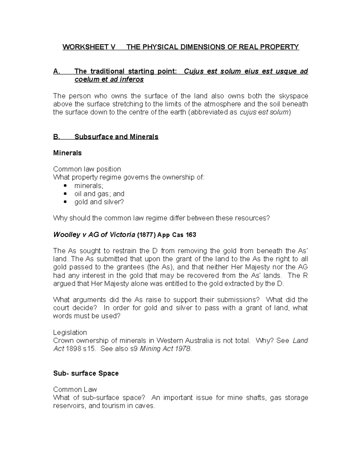Worksheet V Physical dimensions of real property - WORKSHEET V THE ...