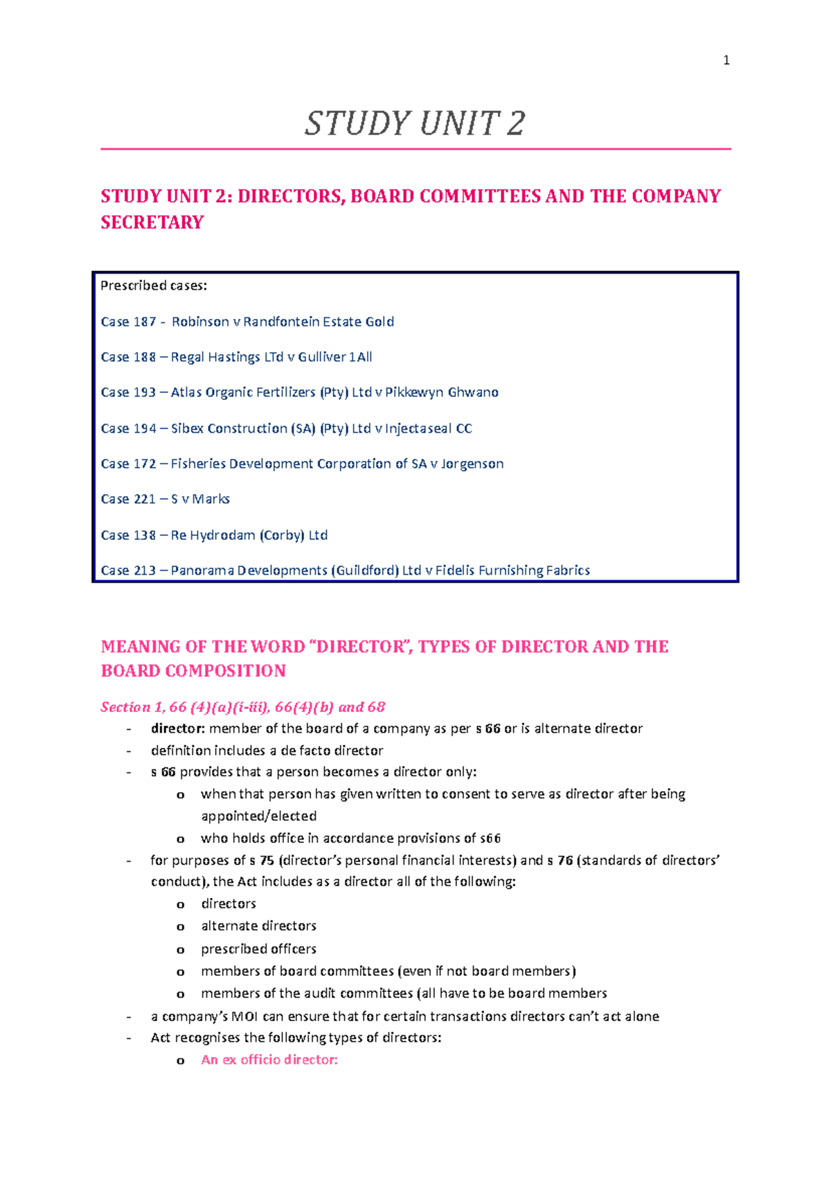 LML4806 Study Unit 2 - STUDY UNIT 2 STUDY UNIT 2: DIRECTORS, BOARD ...