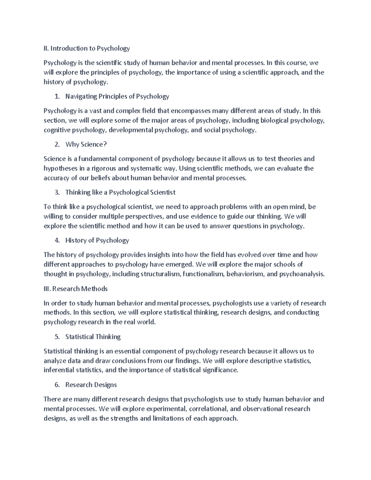 Psy 1 - Psychology section 1 - II. Introduction to Psychology ...