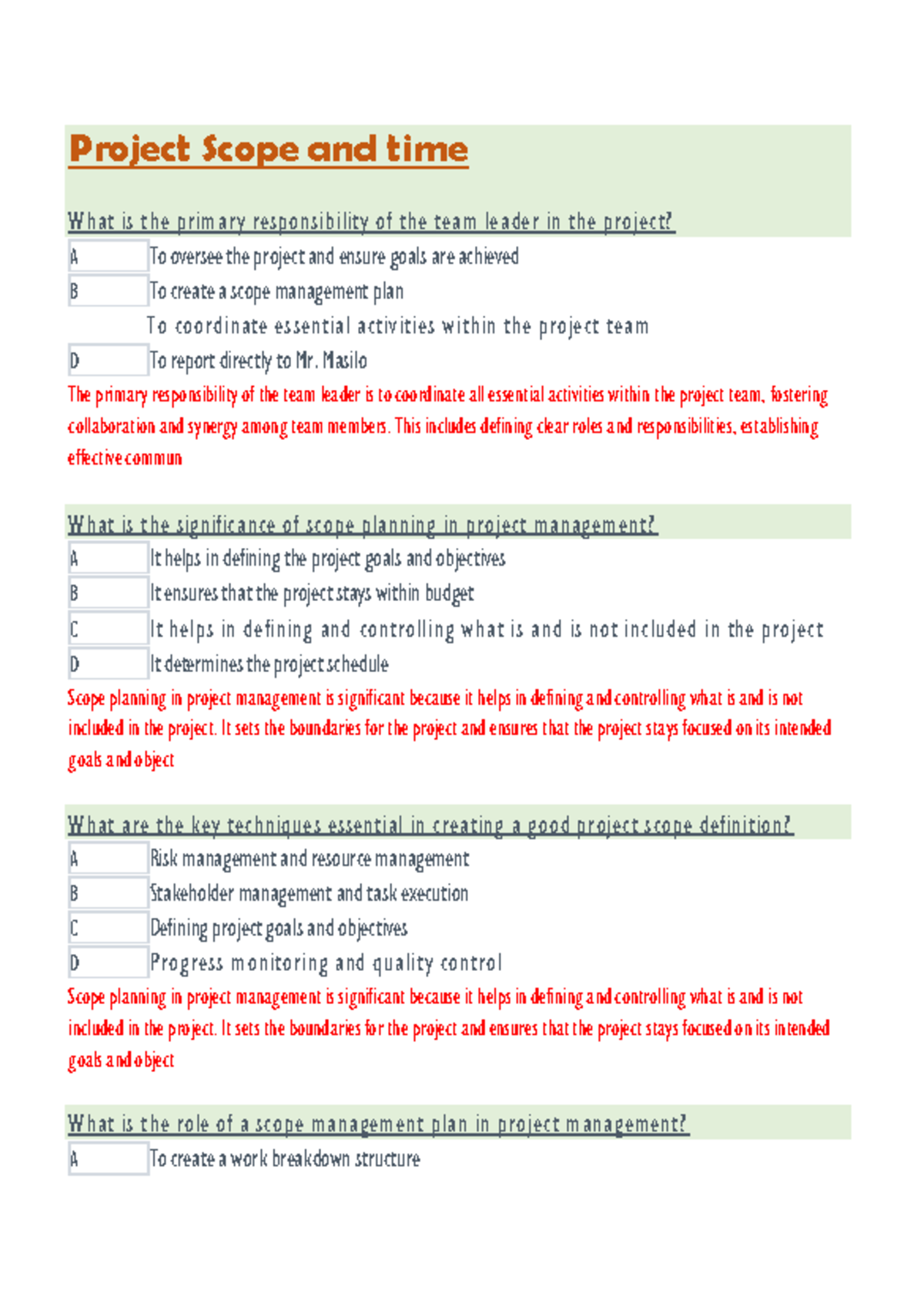 Project Scope - Practice Material - Project Scope and time What is the ...