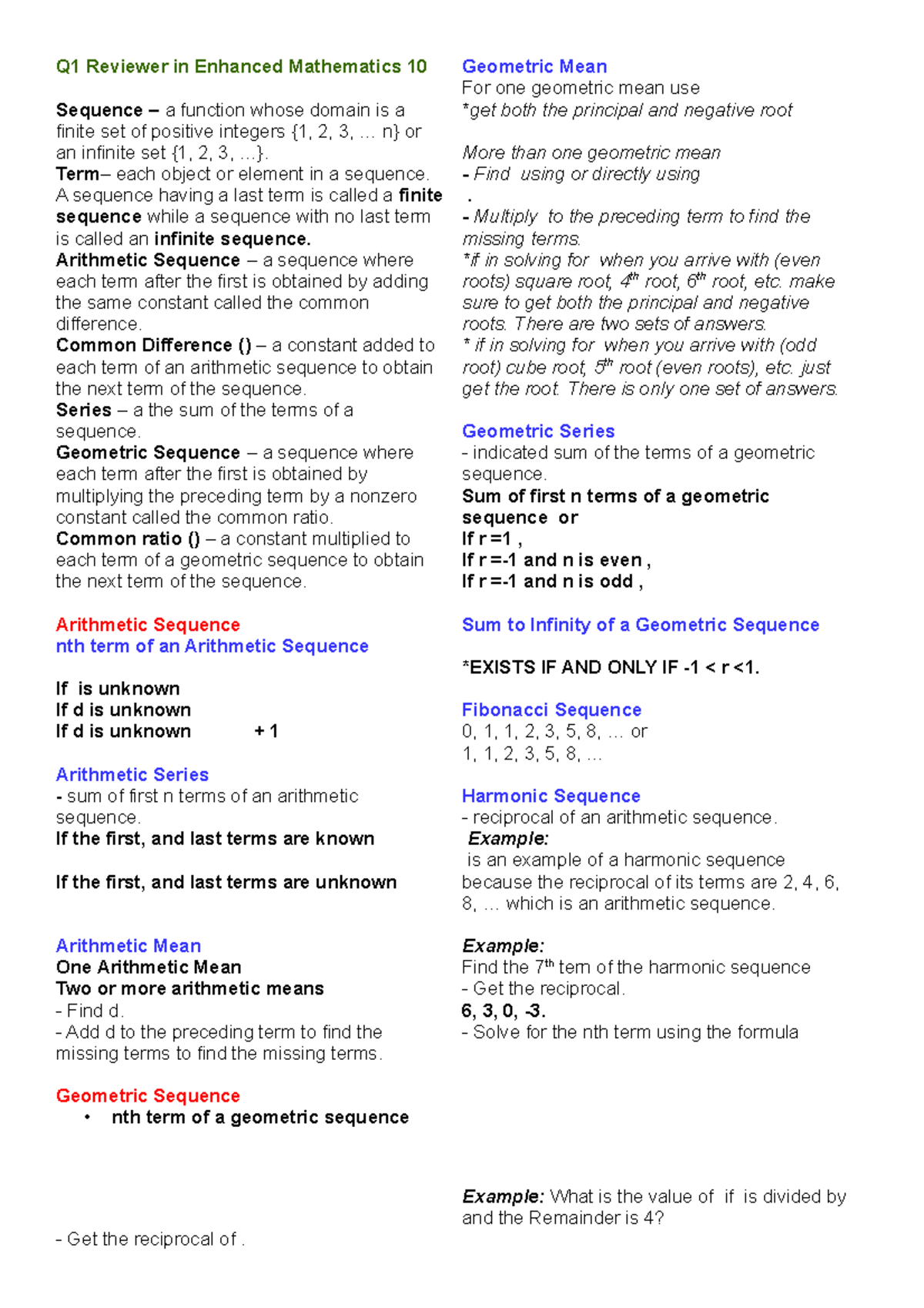 Q1 Reviewer in Enhanced Mathematics 10 - .. n} or an infinite set {1, 2 ...