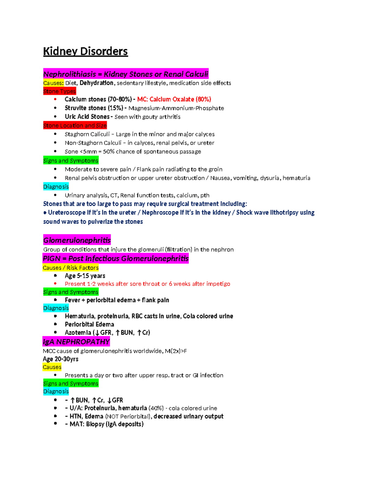Kidney Disorders - Study Guide. - Kidney Disorders Nephrolithiasis ...