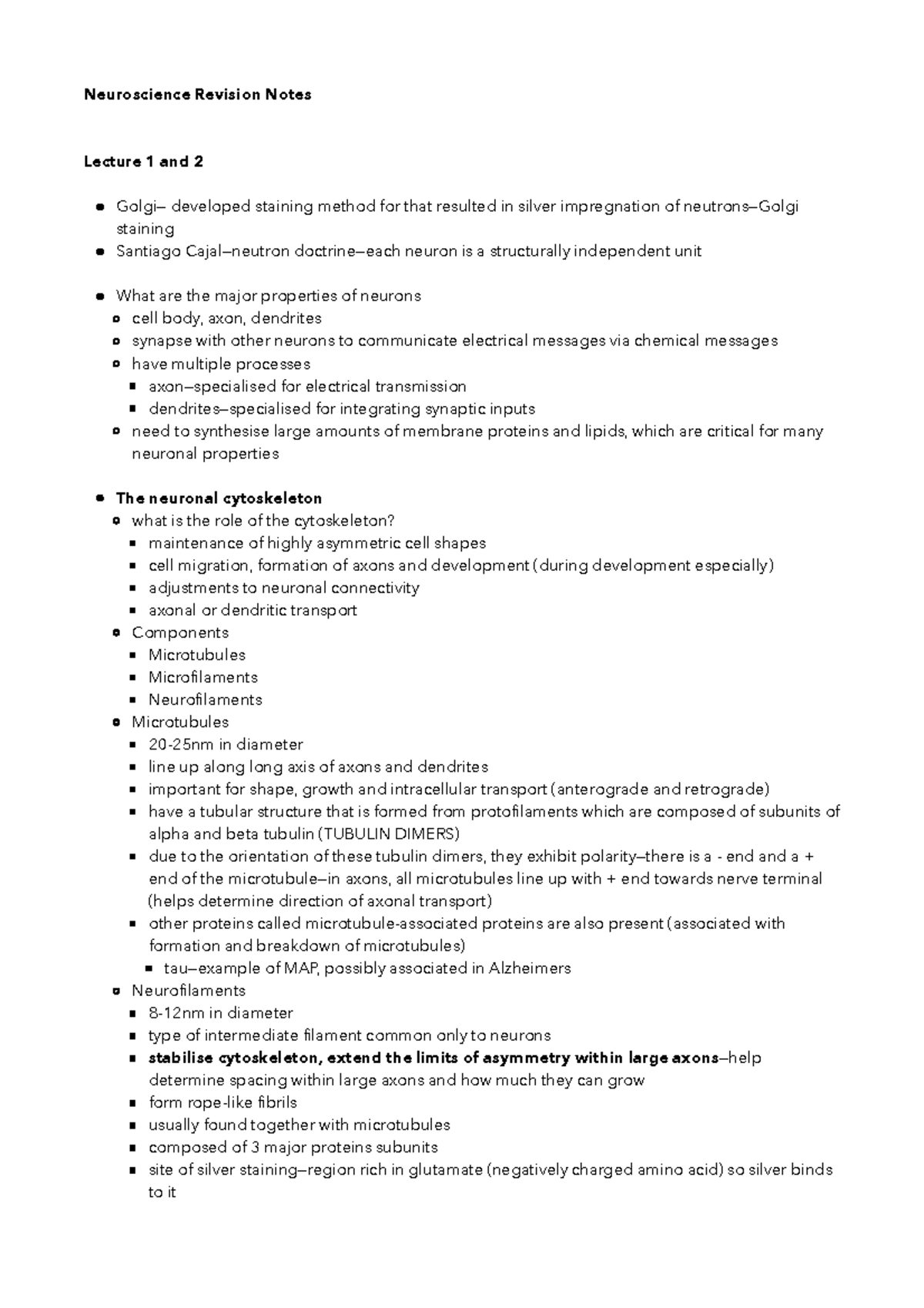 2017 Neuroscience Revision Notes - Neuroscience Revision Notes Lecture ...