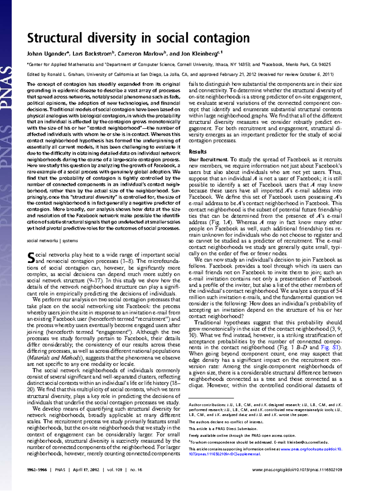 Structural diversity in social contagion - Graham, University of ...