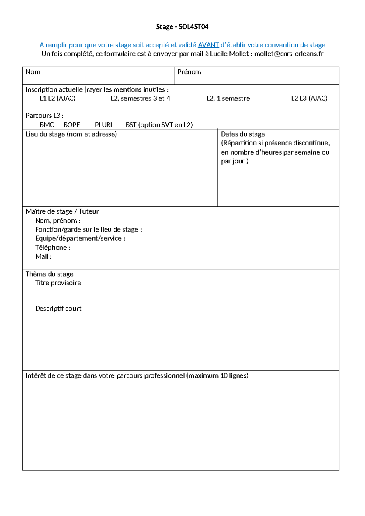 Formulaire Stage L2 - Rapport - Stage - SOL4ST A remplir pour que votre ...