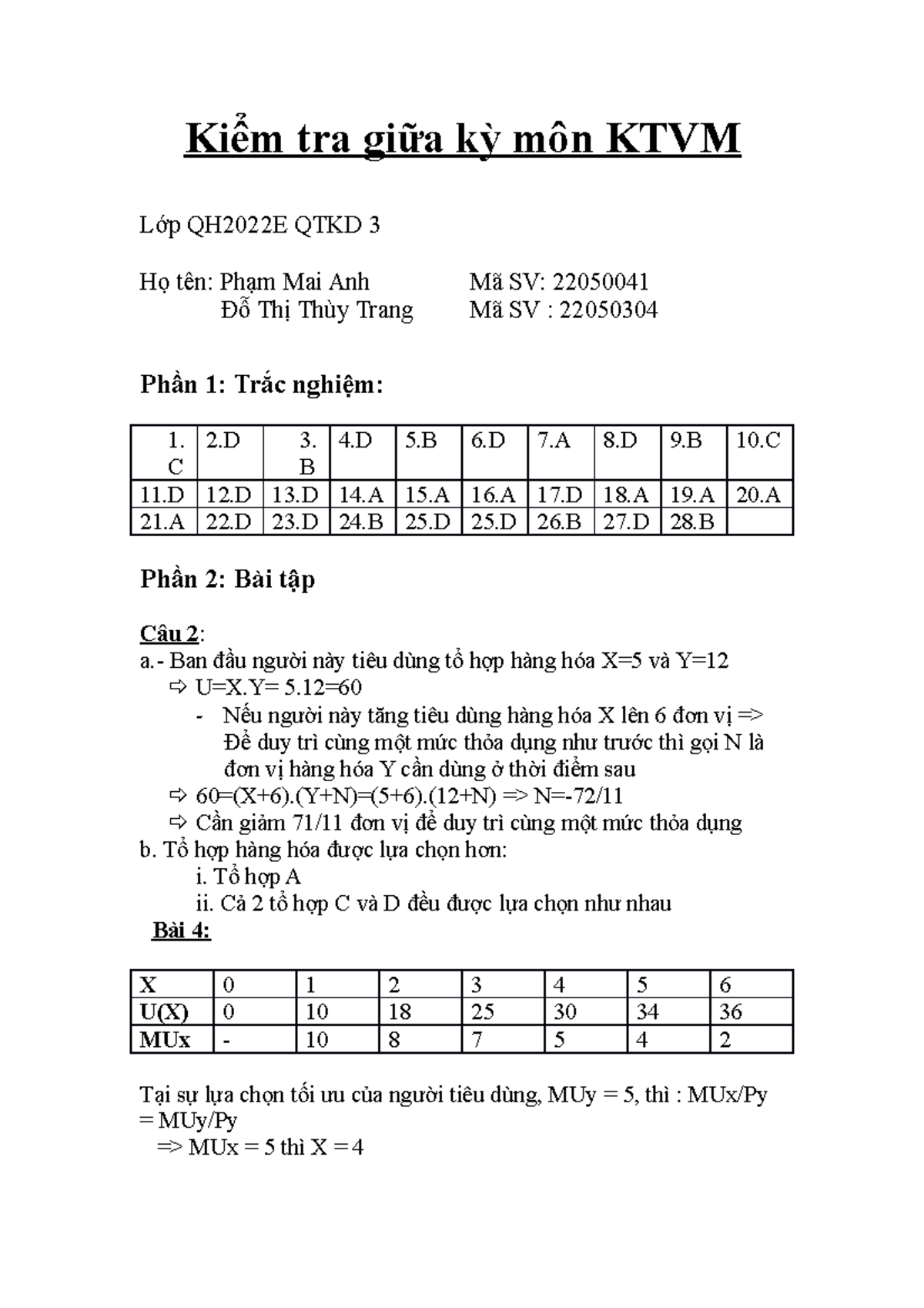 Kiểm tra giữa kỳ môn KTVM - Kiểm tra giữa kỳ môn KTVM Lớp QH2022E QTKD 3 Họ tên: Phạm Mai Anh Mã ...