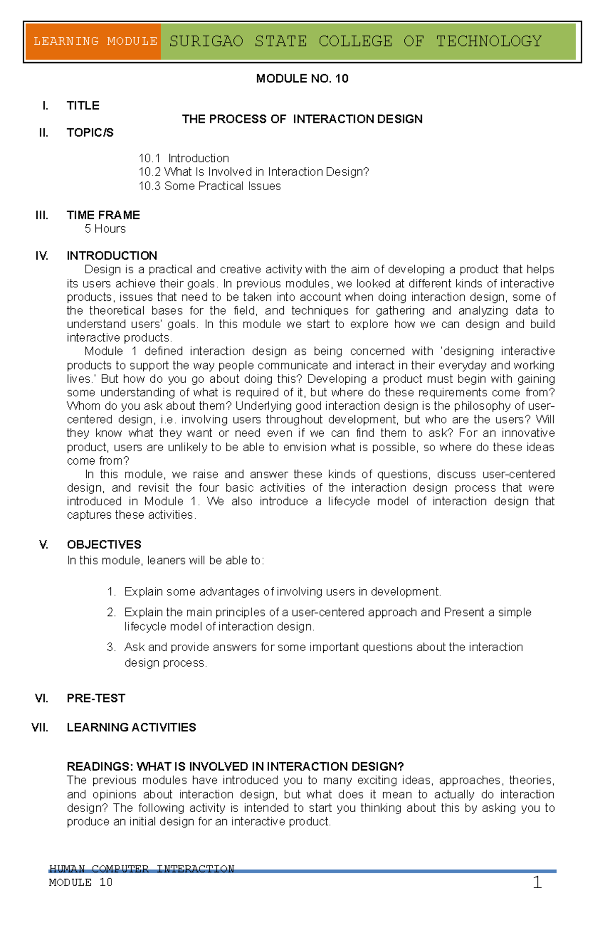 Human and computer interaction module 1 - MODULE NO. 10 I. TITLE THE ...