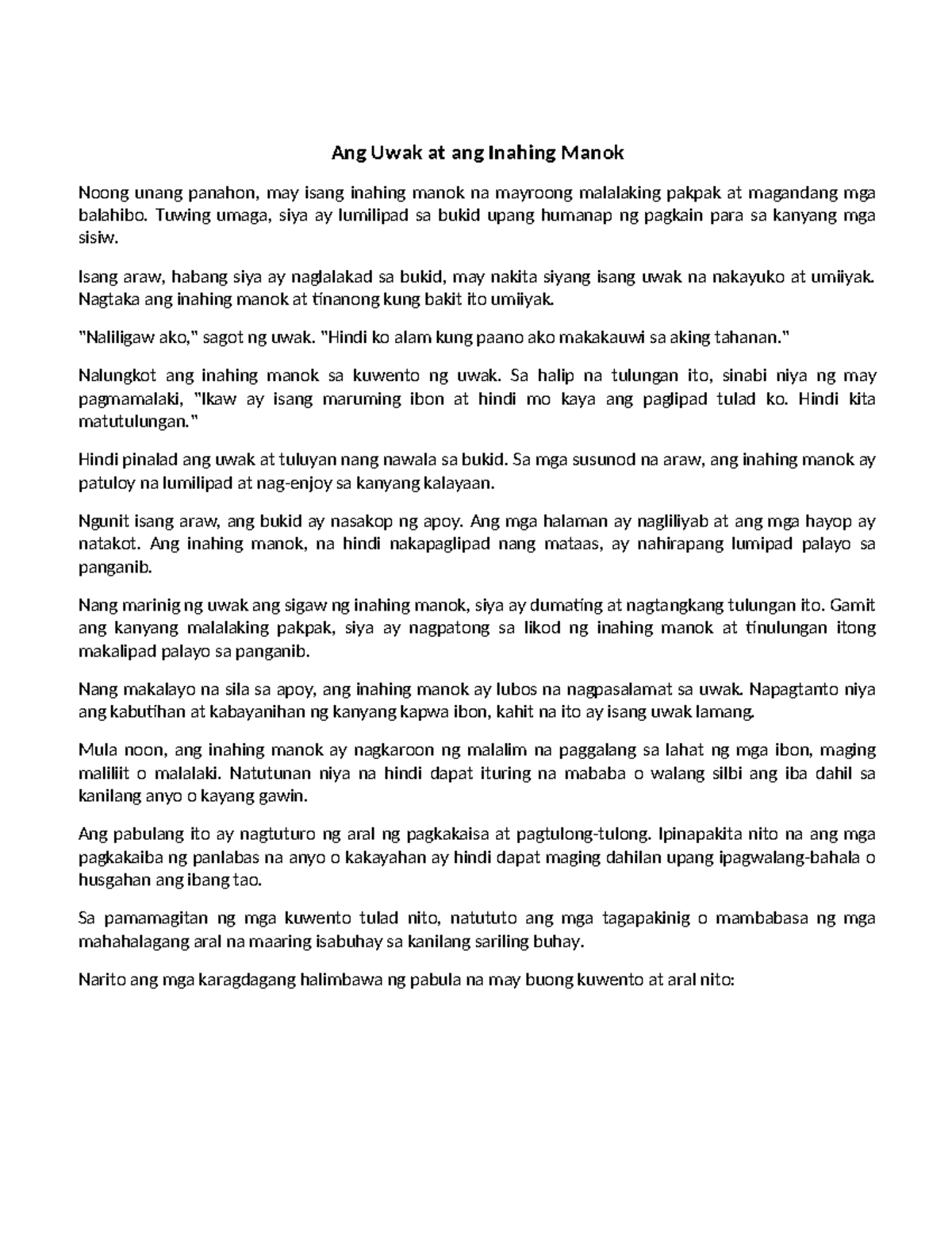 To be print pabula - Ang Uwak at ang Inahing Manok Noong unang panahon ...