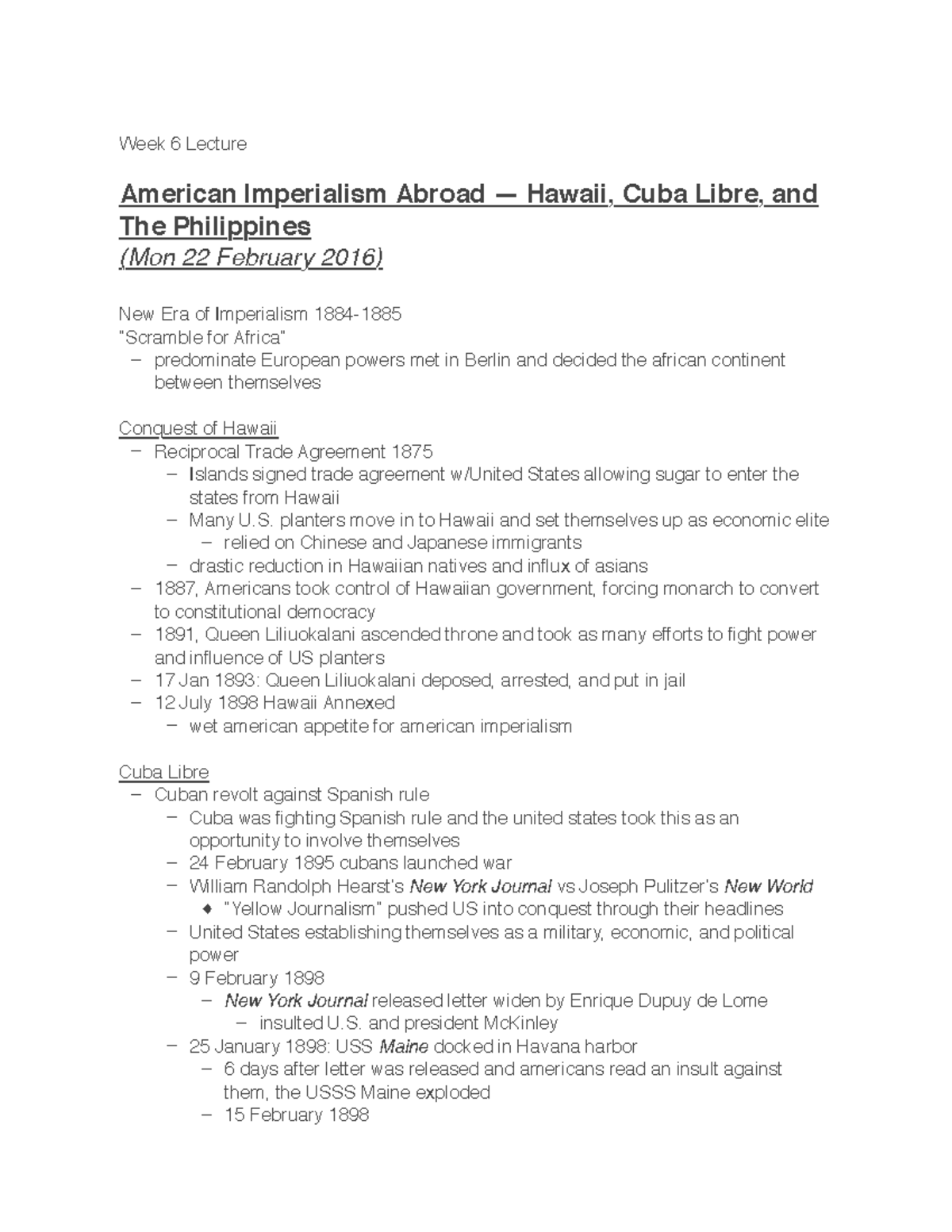 Week 6 Lecture - Professor Burton - Week 6 Lecture American Imperialism ...