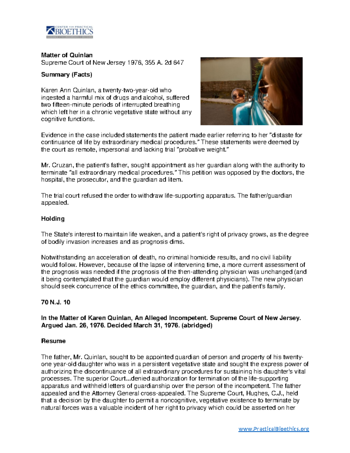 Case Study Matter of Quinlan - Matter of Quinlan Supreme Court of New ...