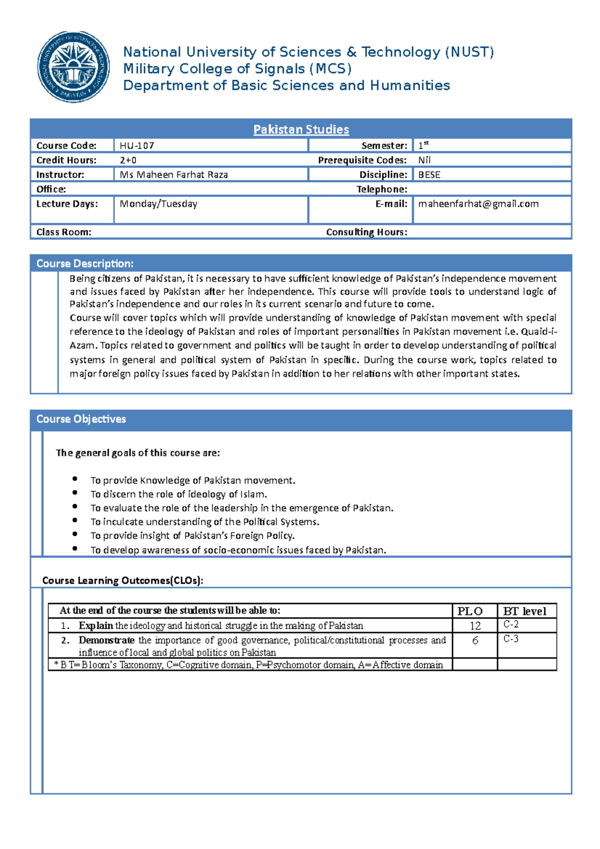 MCS NUST Pakistan Studies Course Outline - Military College of Signals ...