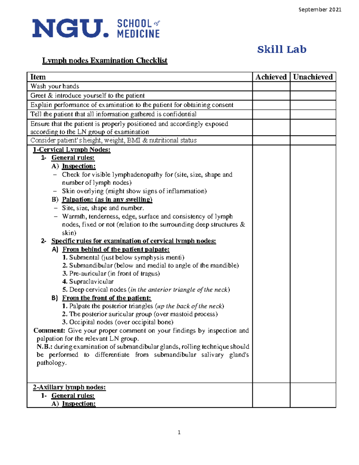 Lymph nodes Checklist - Skill Lab 1 September 2021 Lymph nodes ...