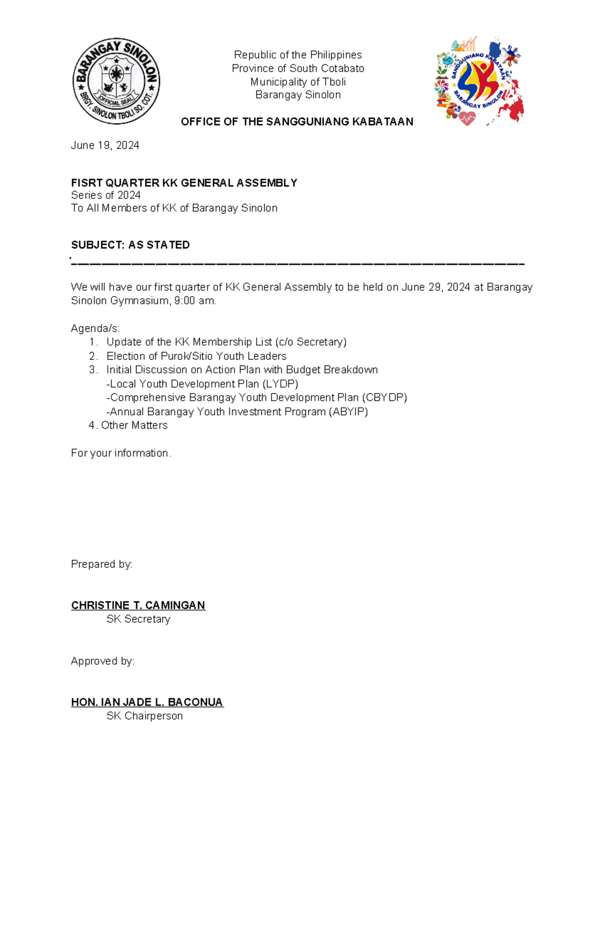 1st KK Assembly - Republic of the Philippines Province of South ...