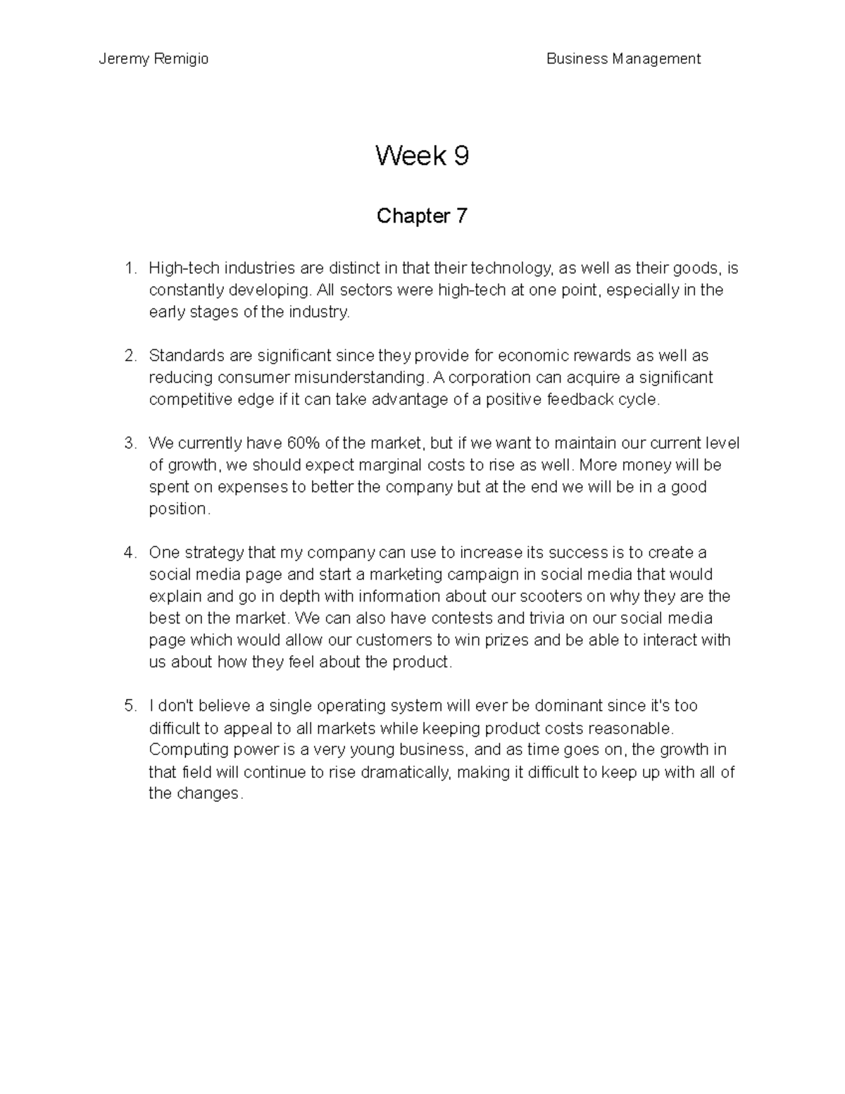 Week 9 - Week 9 Business management - Jeremy Remigio Business ...