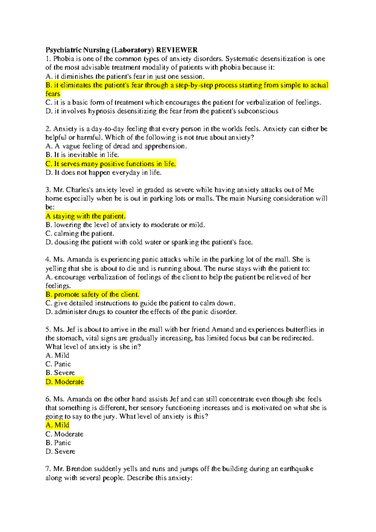 NCM117SL - Psychiatric Nursing Test Practice - Psychiatric Nursing ...