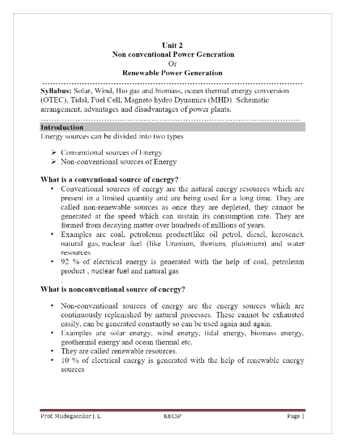 EEE chapter 2 notes - Unit 2 Non conventional Power Generation Or ...