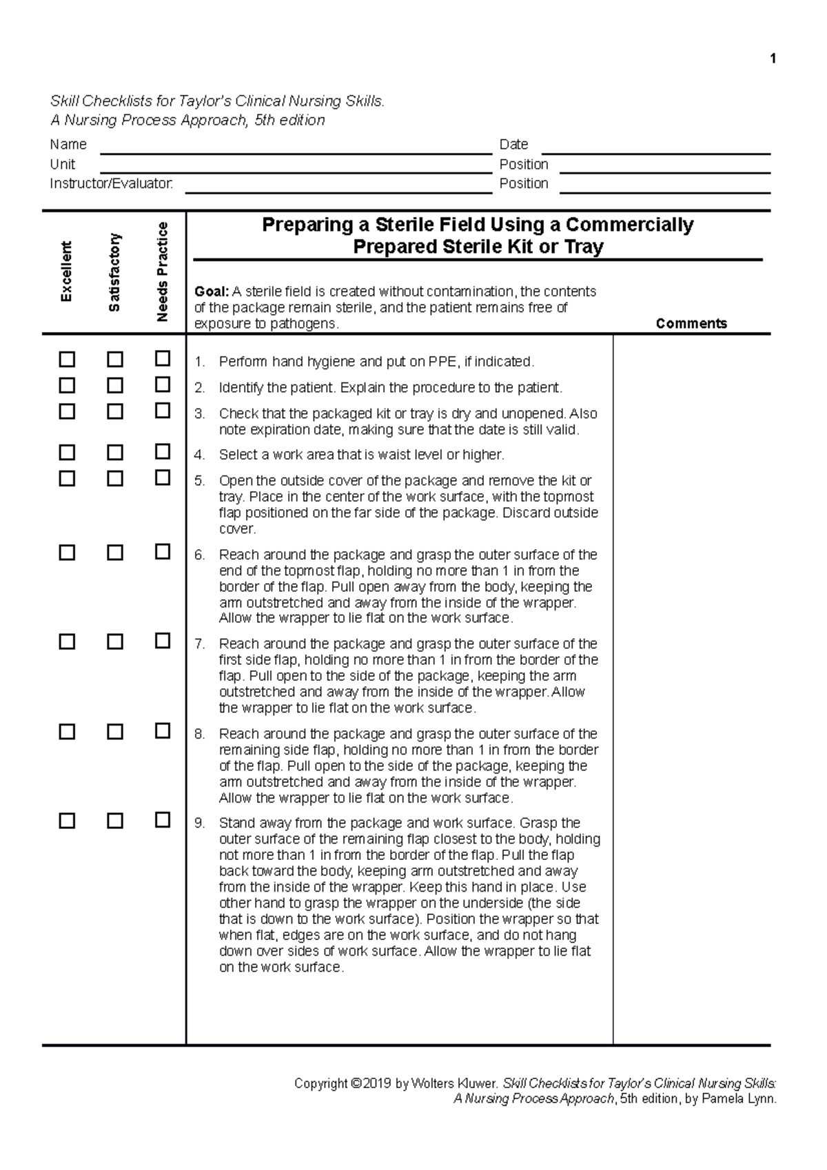 Preparing a Sterile Field Using a Commercially - 1 Skill Checklists for ...