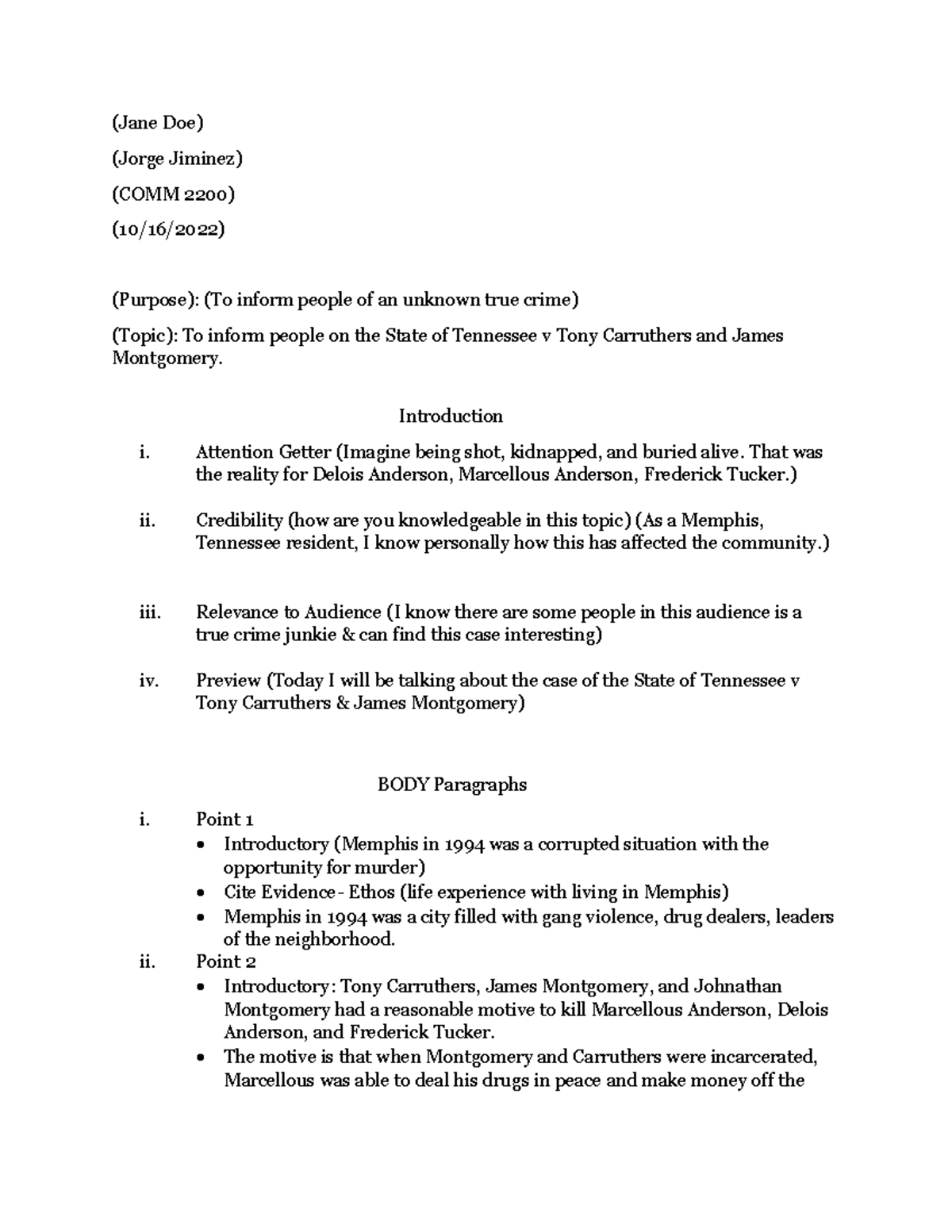 Informative Speech or Essay Outline - (Jane Doe) (Jorge Jiminez) (COMM ...