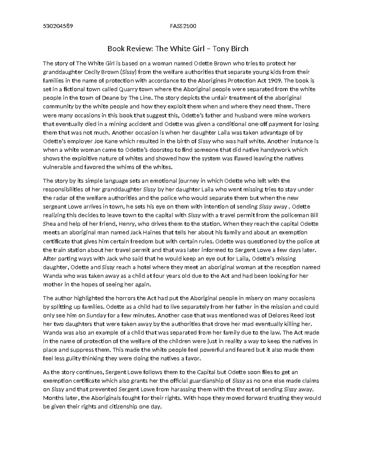 Reflection Piece 1 - 530204589 FASS Book Review: The White Girl – Tony ...