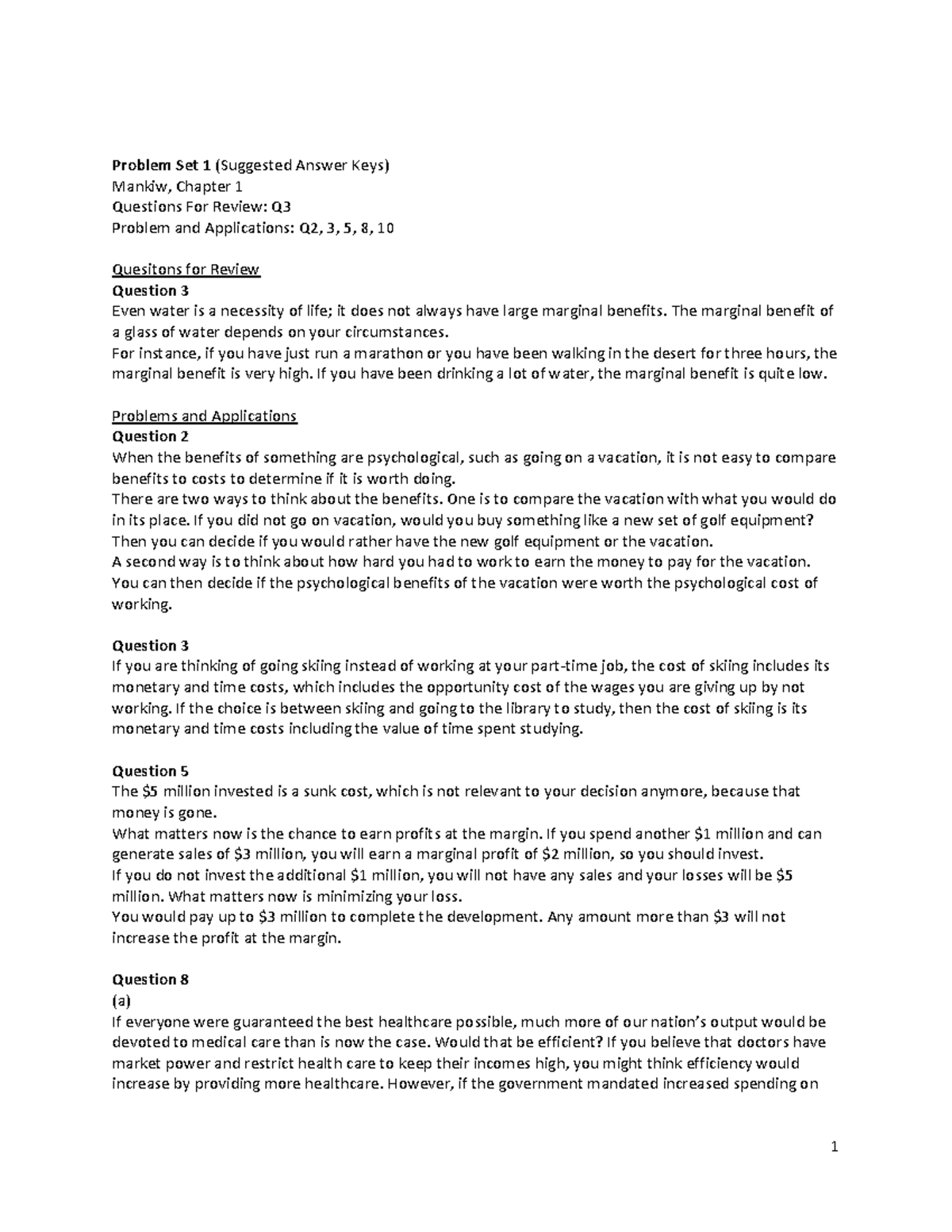 Part 1 Suggested Solution - 1 ECON 2103 L1 (Fall 2020 ) Problem Set 1 (Suggested Answer Keys ...