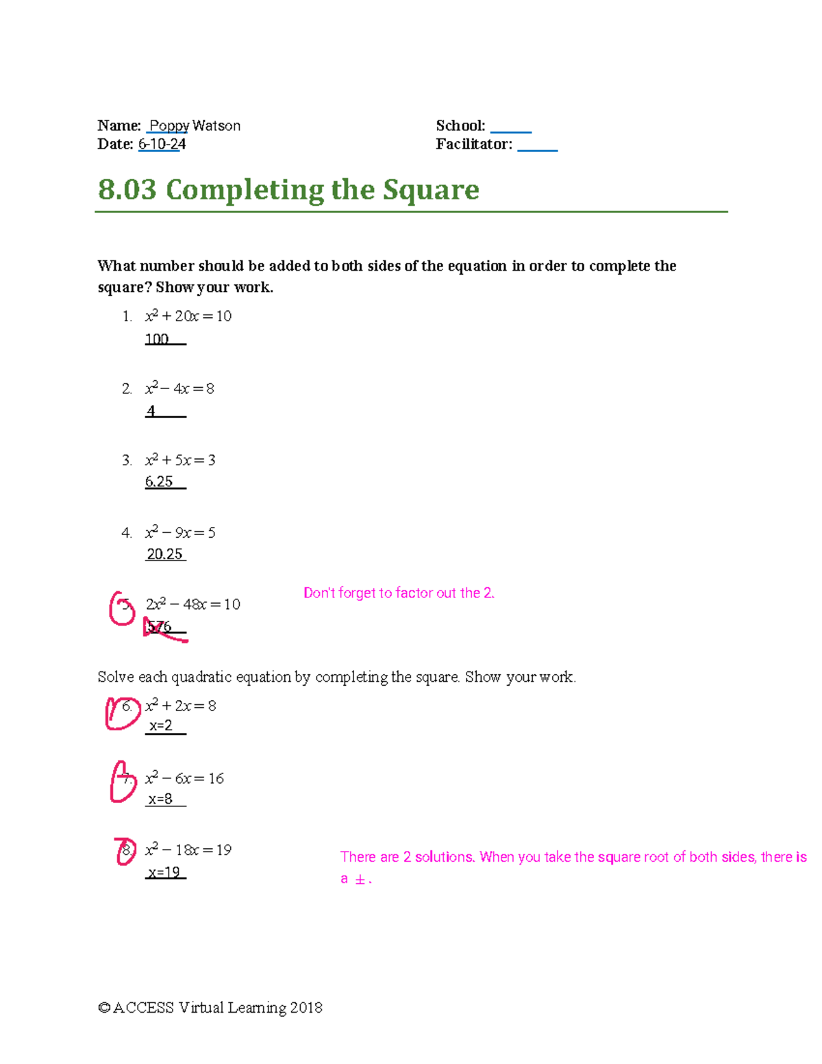 Poppy Watson - 8.03 Completing the Square Dropbox - © ACCESS Virtual ...