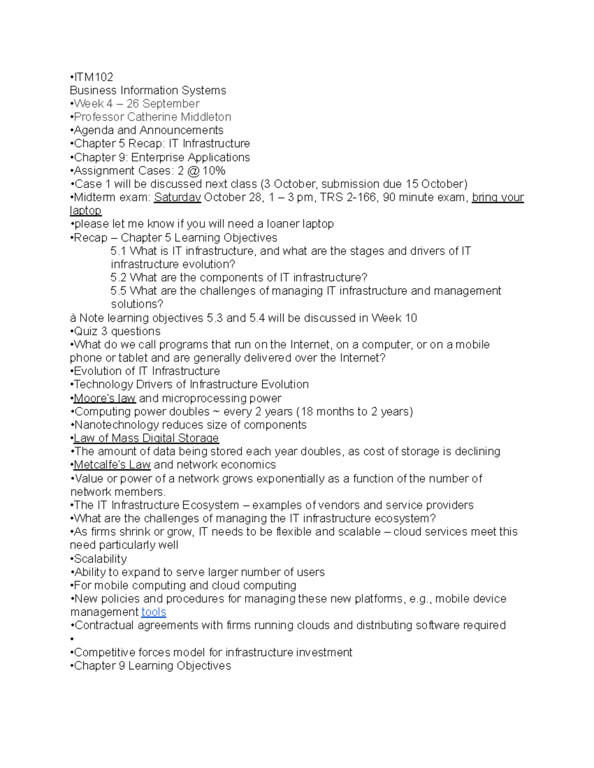 Week 4 - class 4 notes - •ITM Business Information Systems •Week 4 – 26 ...