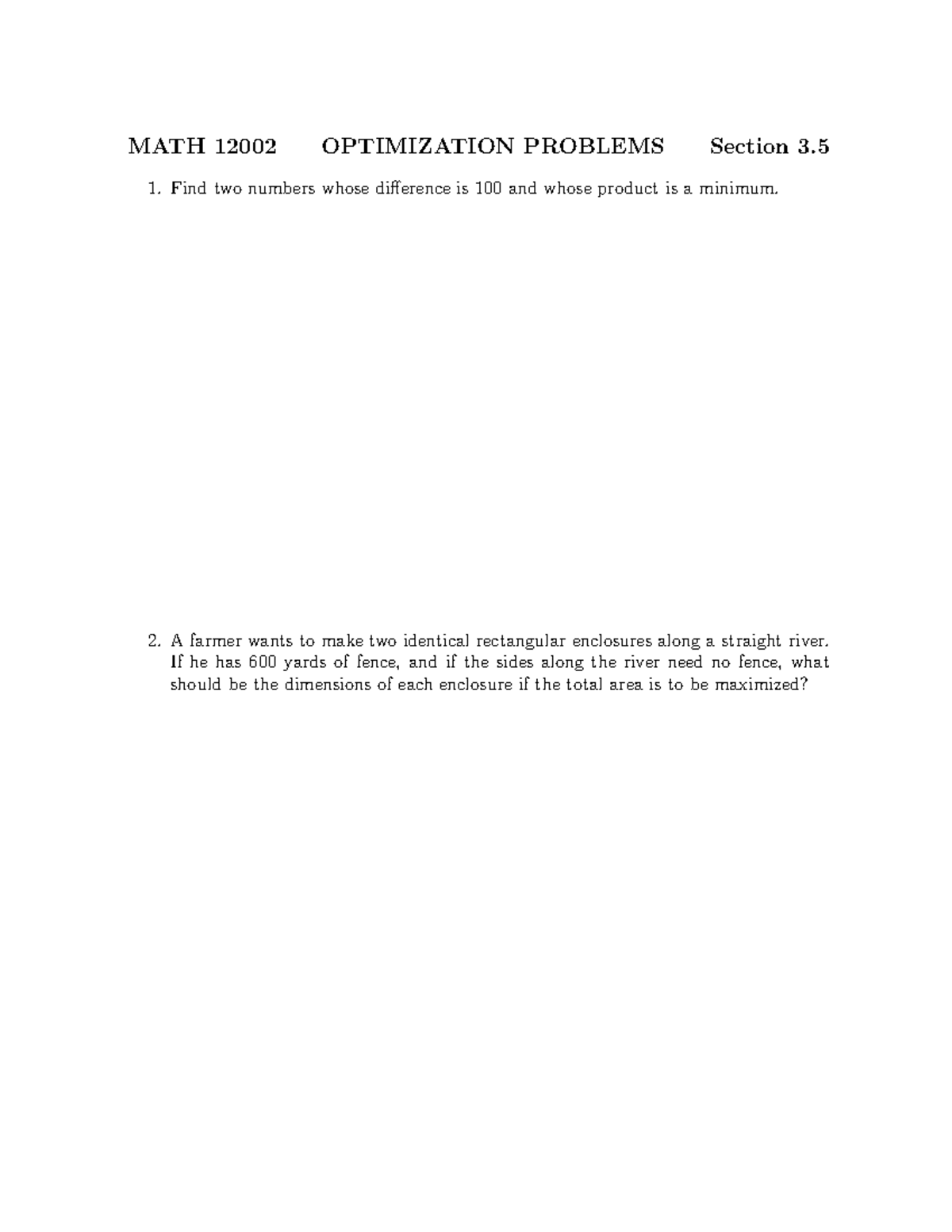 Optimization problems - MATH 12002 OPTIMIZATION PROBLEMS Section 3 ...