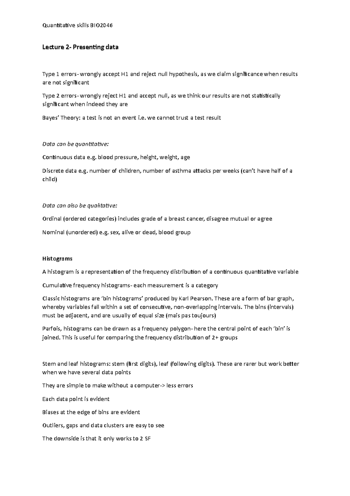 Stats Lecture 2 - Quantitative skills BIO Lecture 2- Presenting data ...