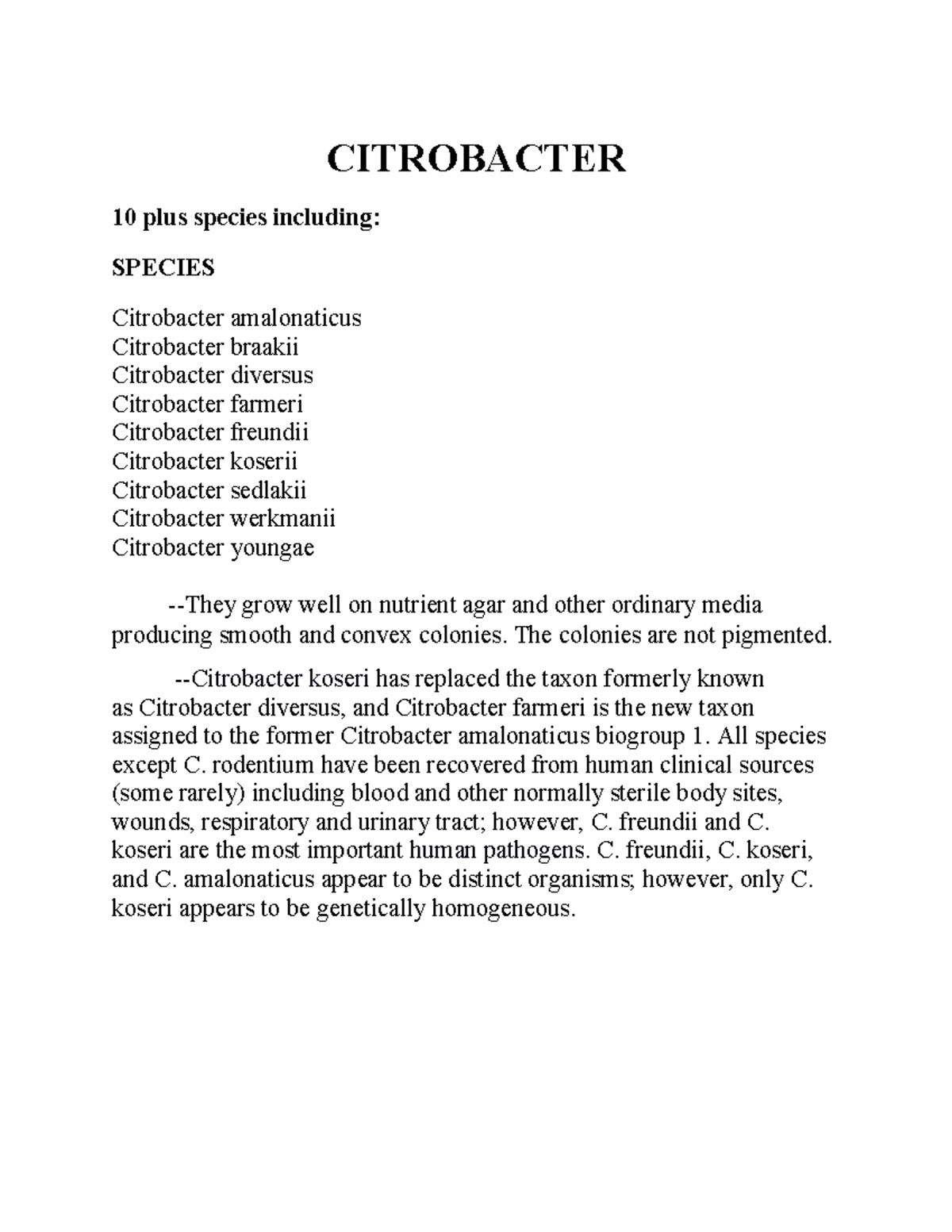 Bacte Report uhnoghbv - CITROBACTER 10 plus species including: SPECIES ...