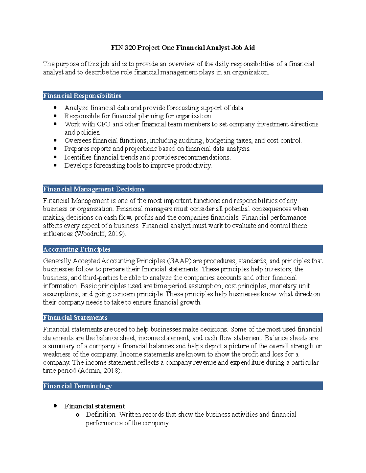 FIN 320 Project One Financial Analyst Job Aid - Financial ...