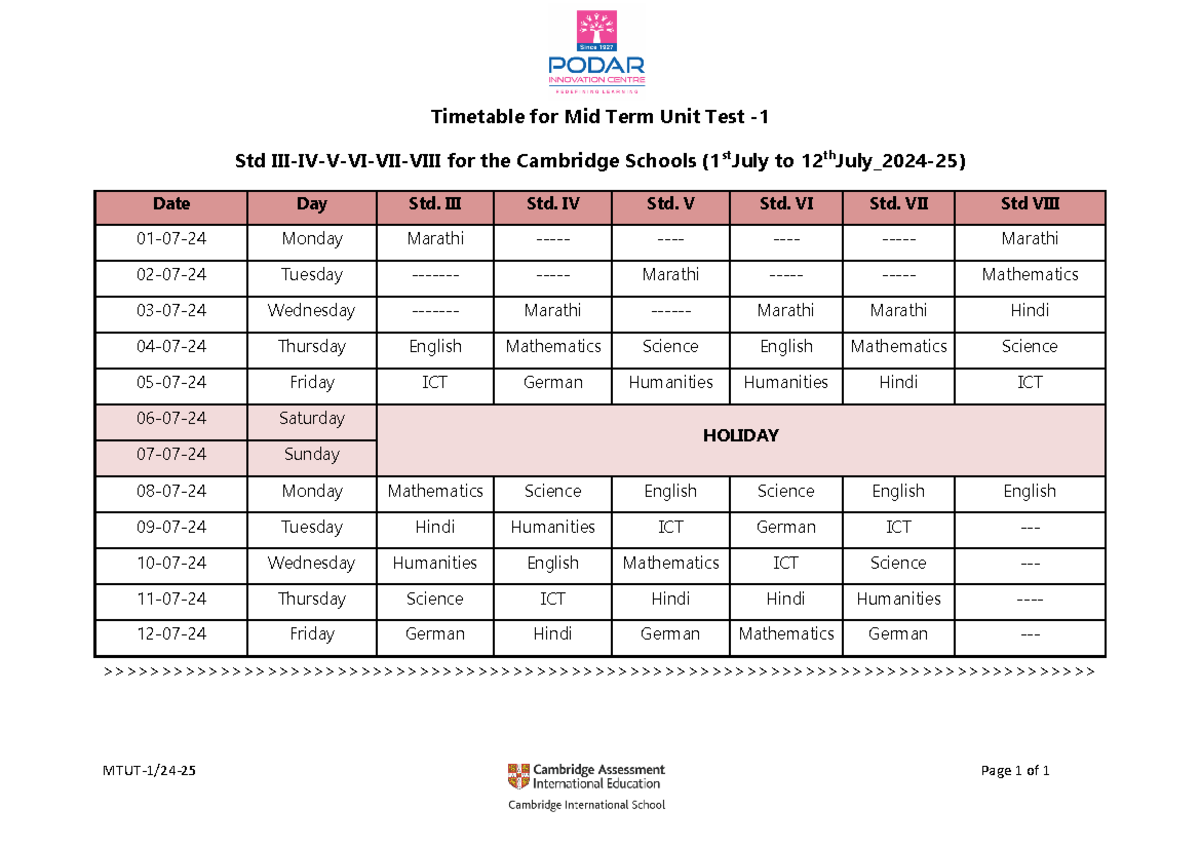 Timetable Std III VIII MTUT1 - MTUT- 1 / 24 - 25 Page 1 of 1 Timetable ...