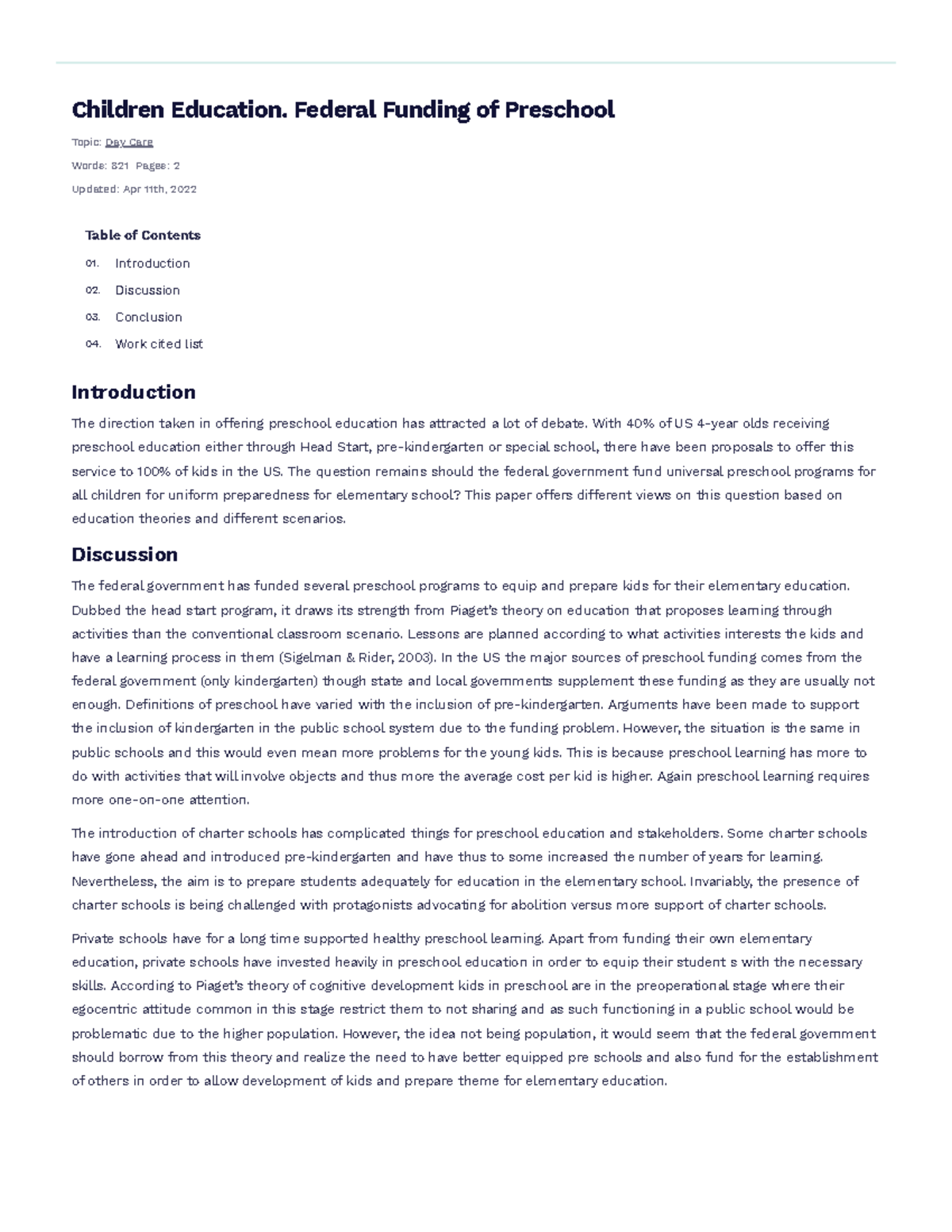 Children Education. Federal Funding of Preschool Free Essay Example ...