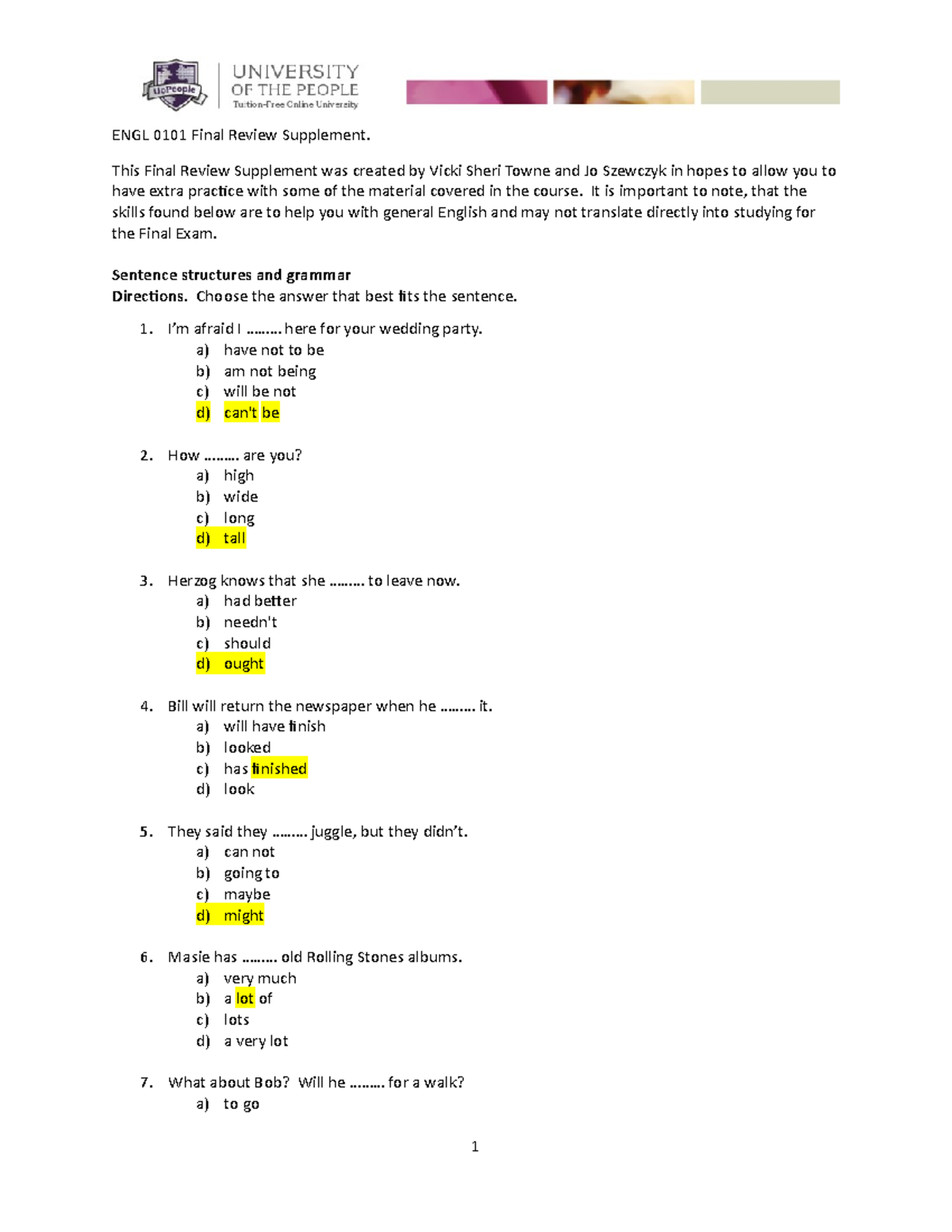 Final Exam Review For ENGL0101 ENGL 0101 Final Review Supplement 