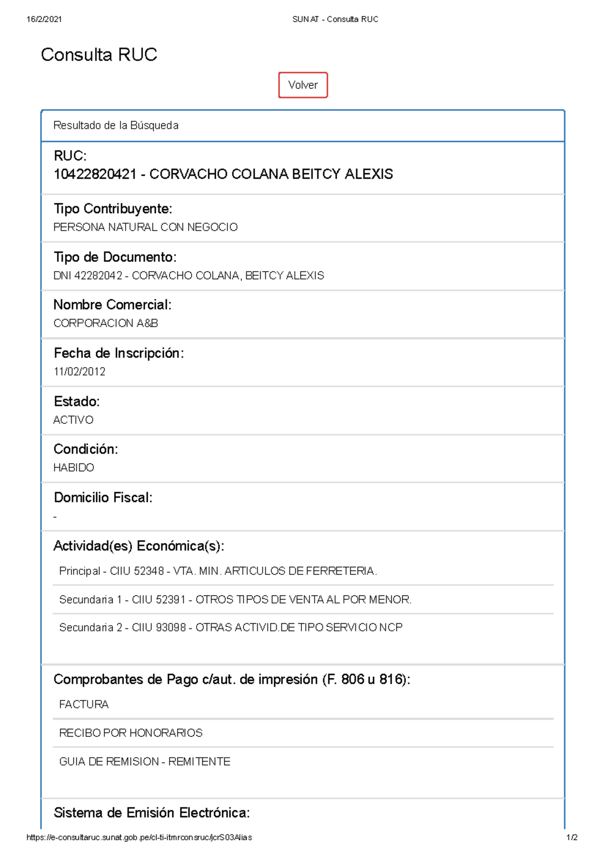 Sunat - Consulta RUC - 16/2/2021 SUNAT - Consulta RUC - Studocu