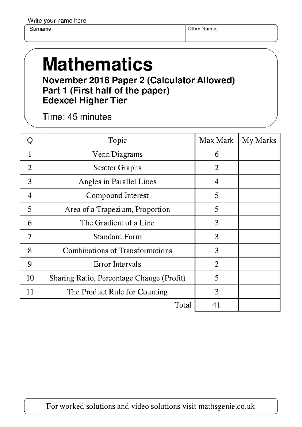 Lesson 13 Yr10 que NOV p2 2018 first half - Write your name here Q ...