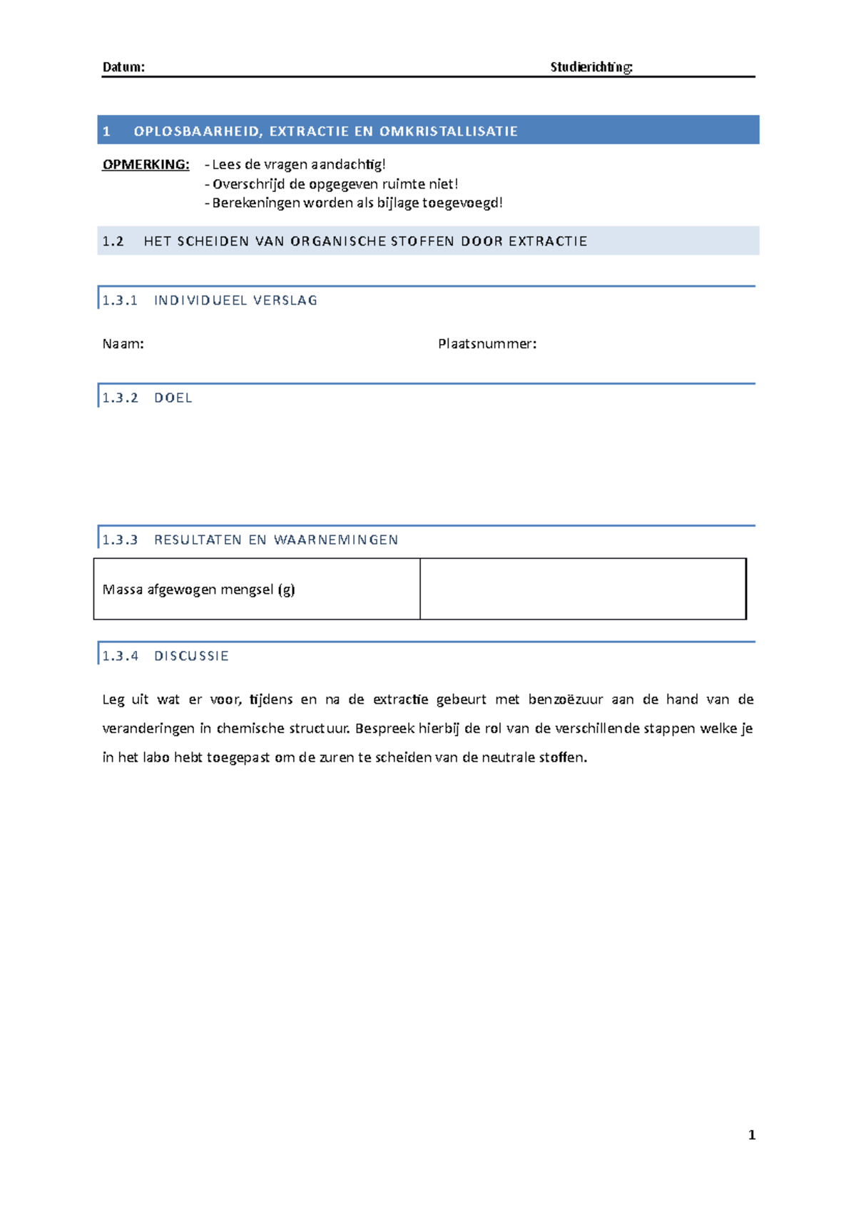 Individueel - aantekeningen - Datum: Studierichting: 1 OPLOSBAARHEID ...